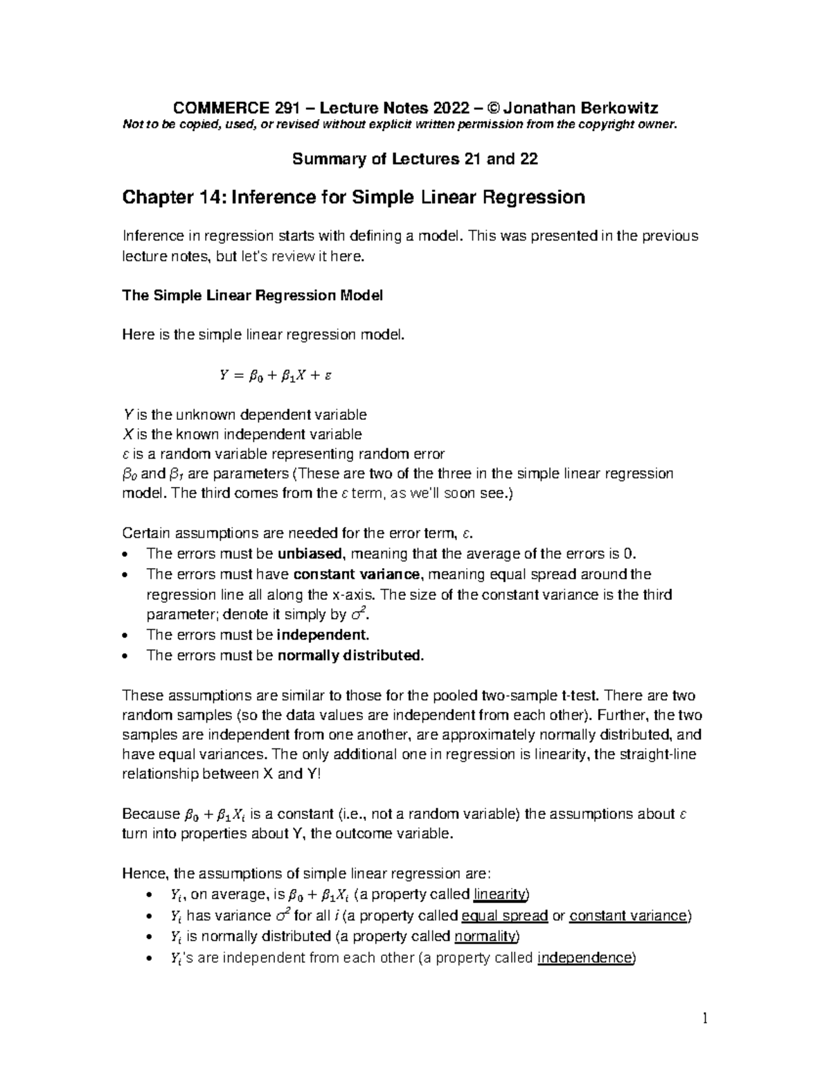 Week 11 notes - inference for simple regression - COMMERCE 291 ...