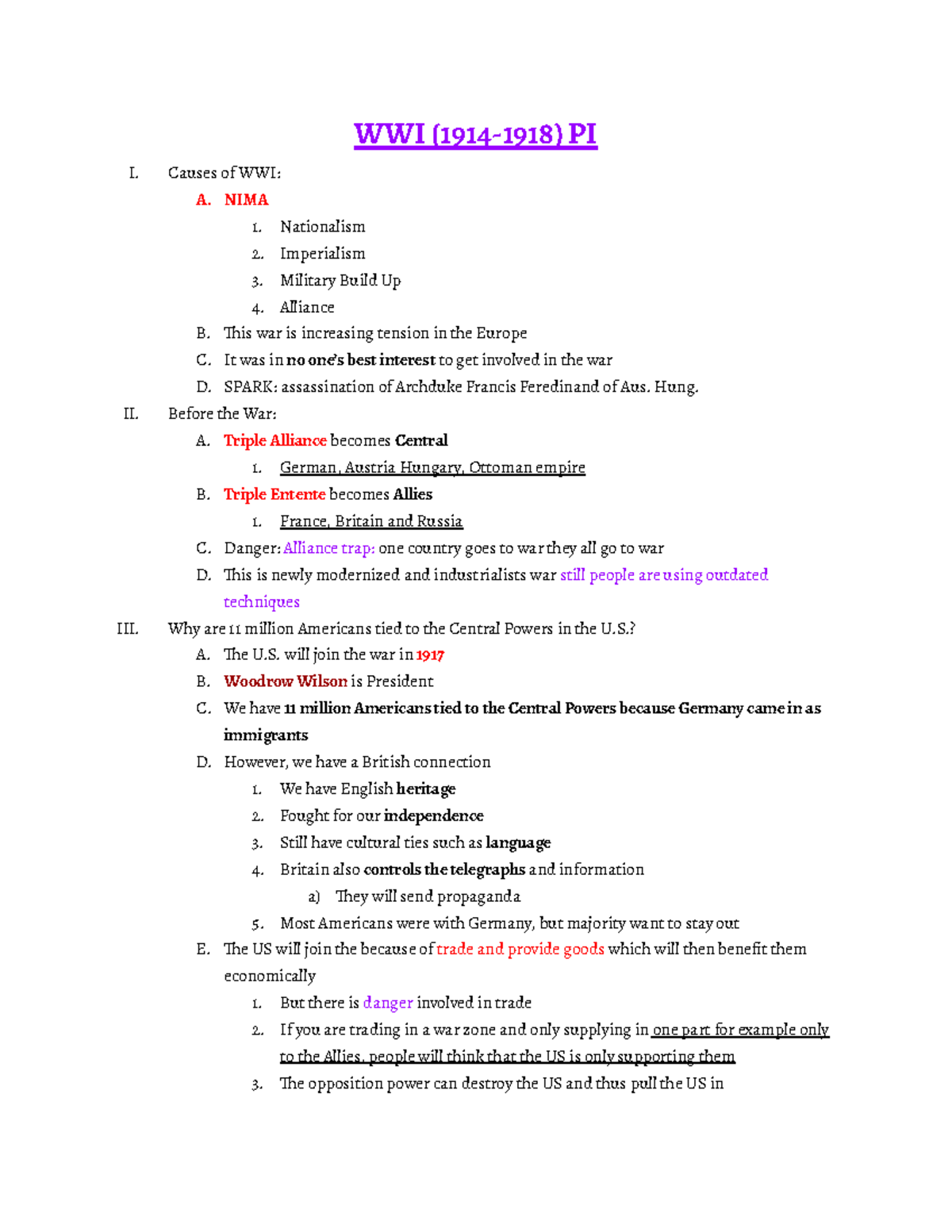 CH 19 History Honors - WWI (1914-1918) PI I. Causes of WWI: A. NIMA 1 ...