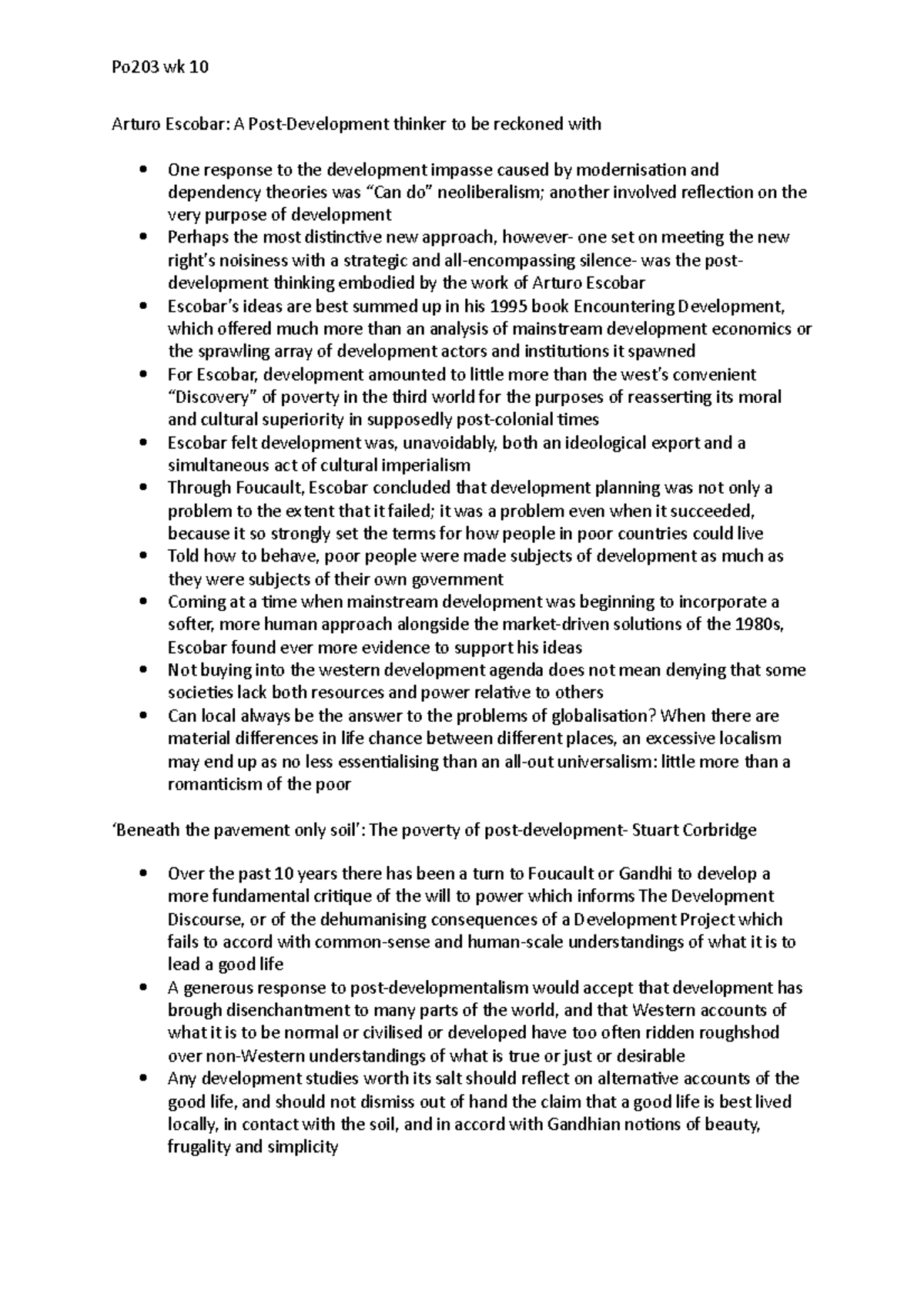 Po203 post development reading notes - Po203 wk 10 Arturo Escobar: A ...