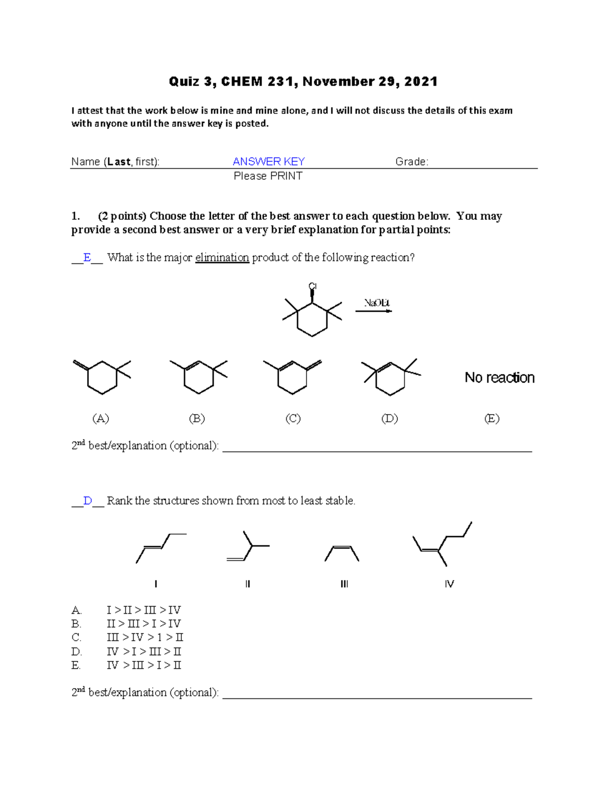 Quiz 3 2021 11 29 key - Organic chemistry that was taught by Dr. Wei ...