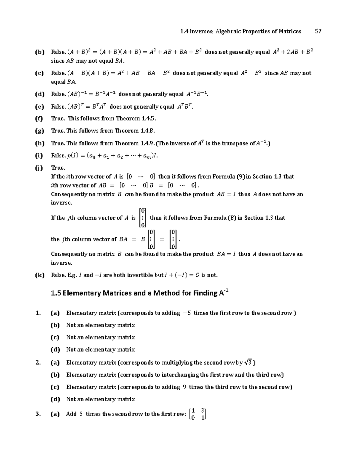 Section 1.5 Solutions - 1 Inverses; Algebraic Properties of Matrices 57 ...