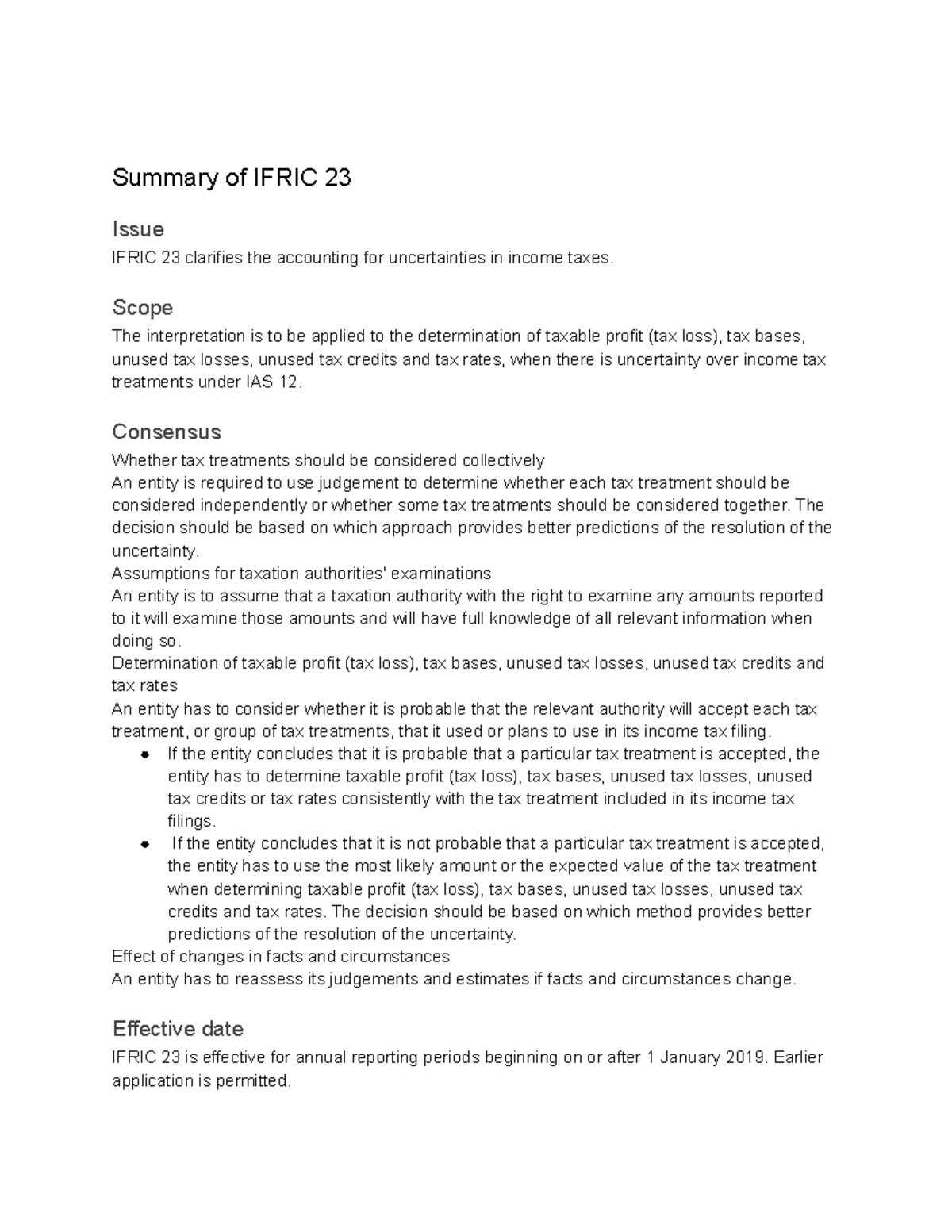 Ifric 23 - this are the standards of accounting - Summary of IFRIC 23 Issue IFRIC 23 clarifies ...