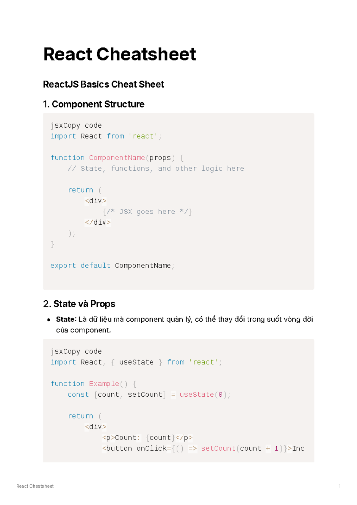 React Cheatsheet - React Cheatsheet ReactJS Basics Cheat Sheet 1. Component Structure jsxCopy ...