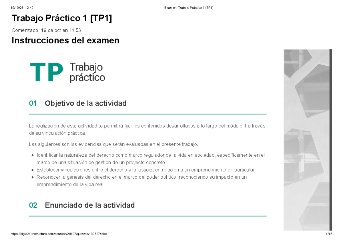 Examen Trabajo Práctico 1 [TP1] v2 70 - Trabajo Práctico 1 [TP1] Comenzado: 19 de oct en 11 ...
