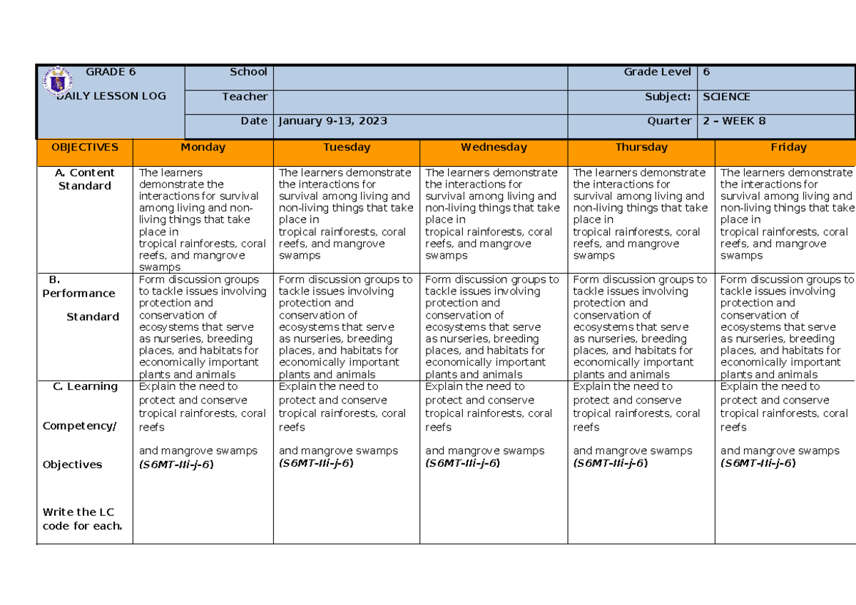 WEEK8 dll Science 1 - DLL - GRADE 6 DAILY LESSON LOG School Grade Level ...