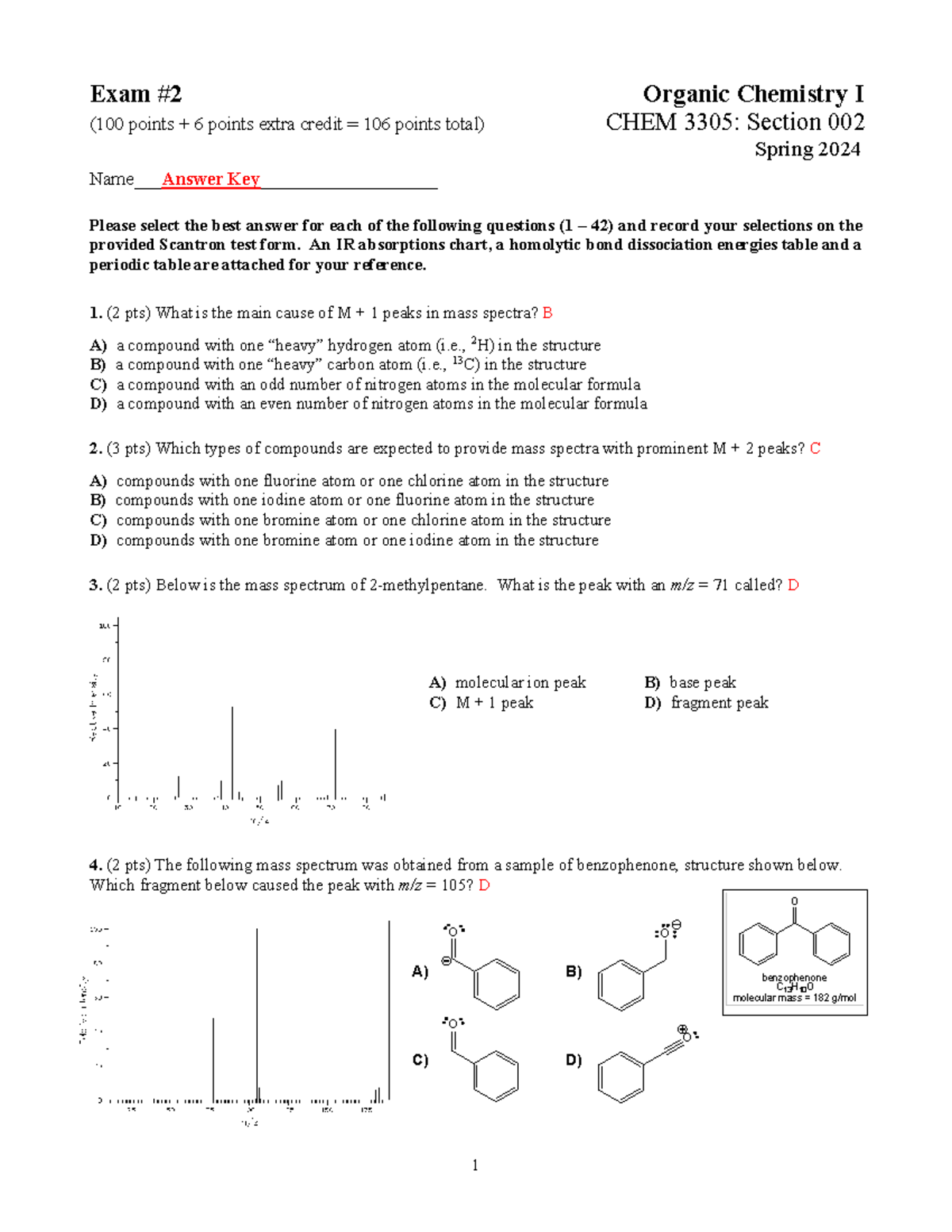 Exam 2 Spring 2024 - Answer Key - Exam #2 Organic Chemistry I (100 ...