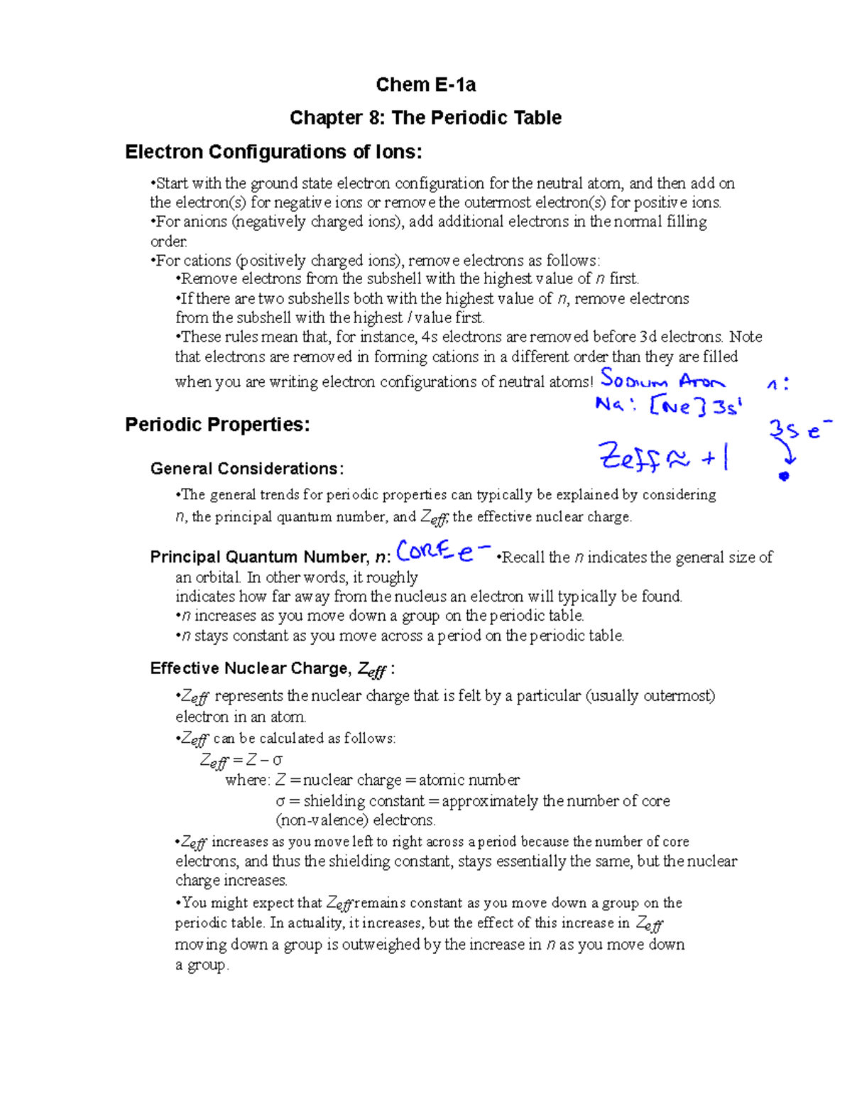 Chapter 8 Review Notes General Chemistry - Chem E-1a Chapter 8: The ...