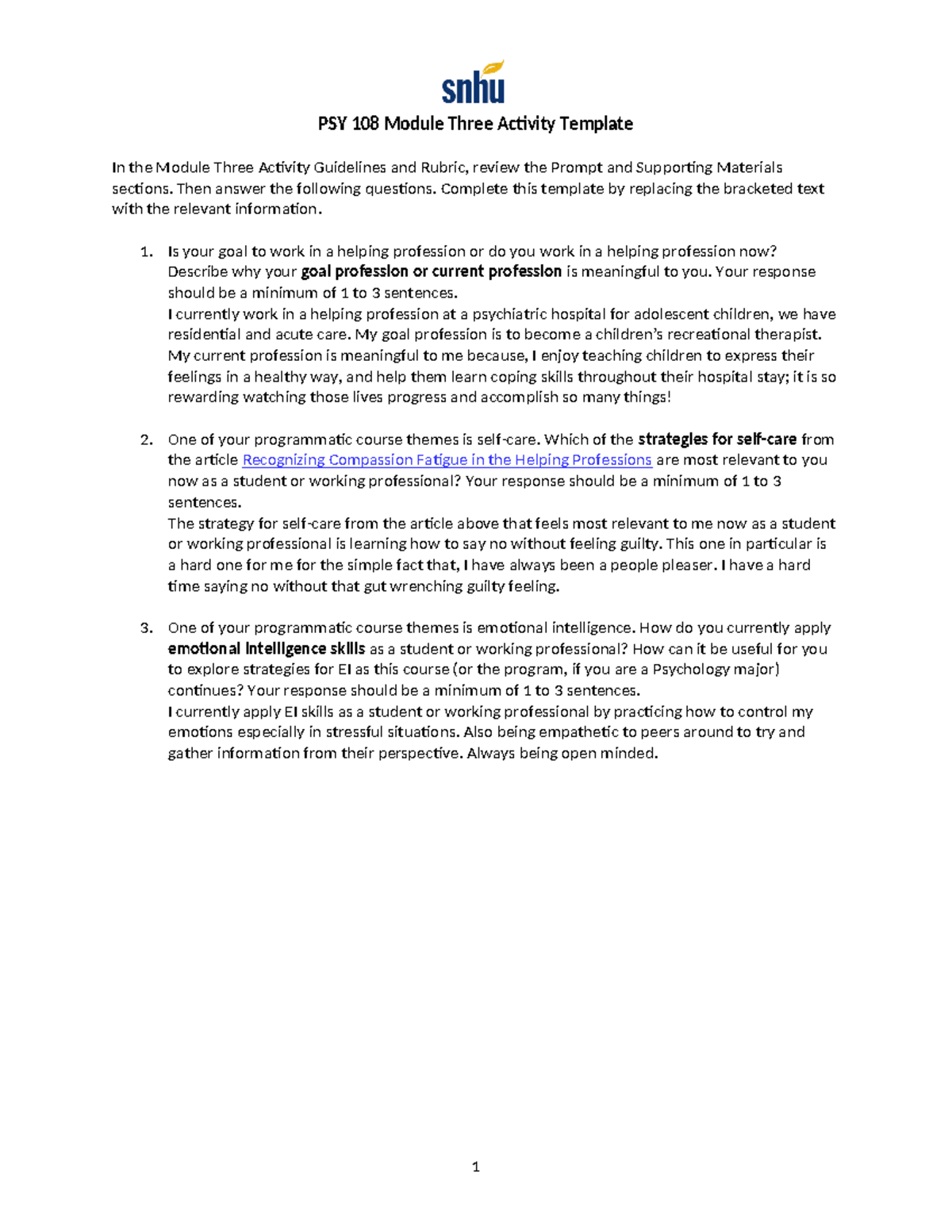 PSY 108 Module Three Activity Template - Then answer the following ...