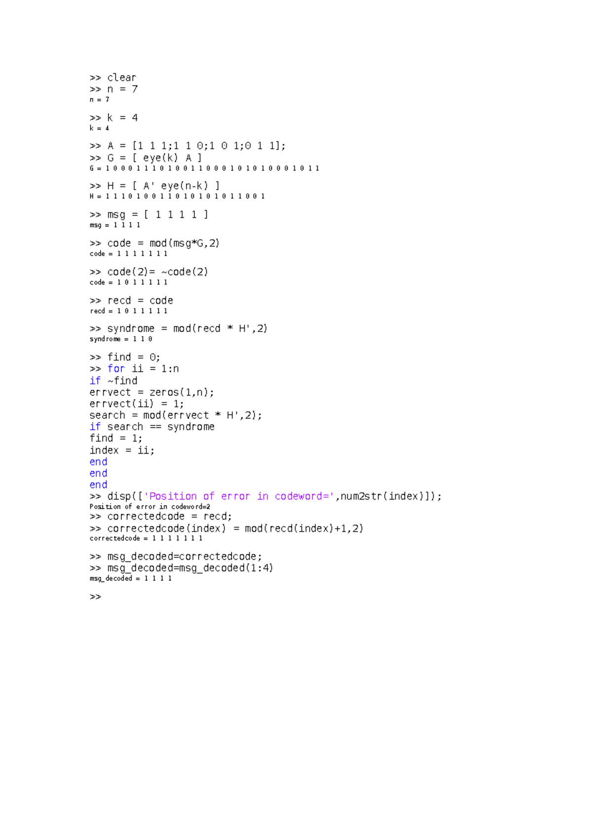 Code dstt btl - :)) - >> clear >> n = 7 n = 7 >> k = 4 k = 4 >> A = [1 1 1;1 - Studocu