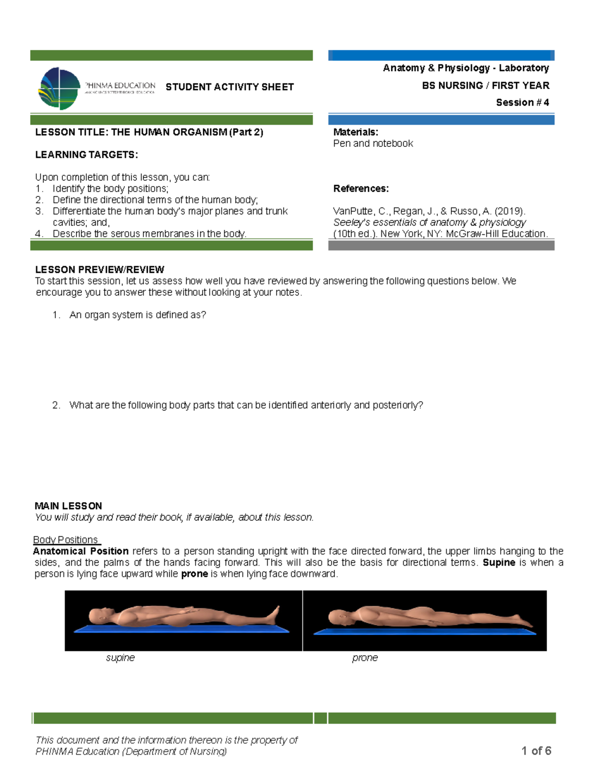 Session #4 SAS - Ana Phy (Lab) - STUDENT ACTIVITY SHEET Anatomy & Physiology - Laboratory BS ...