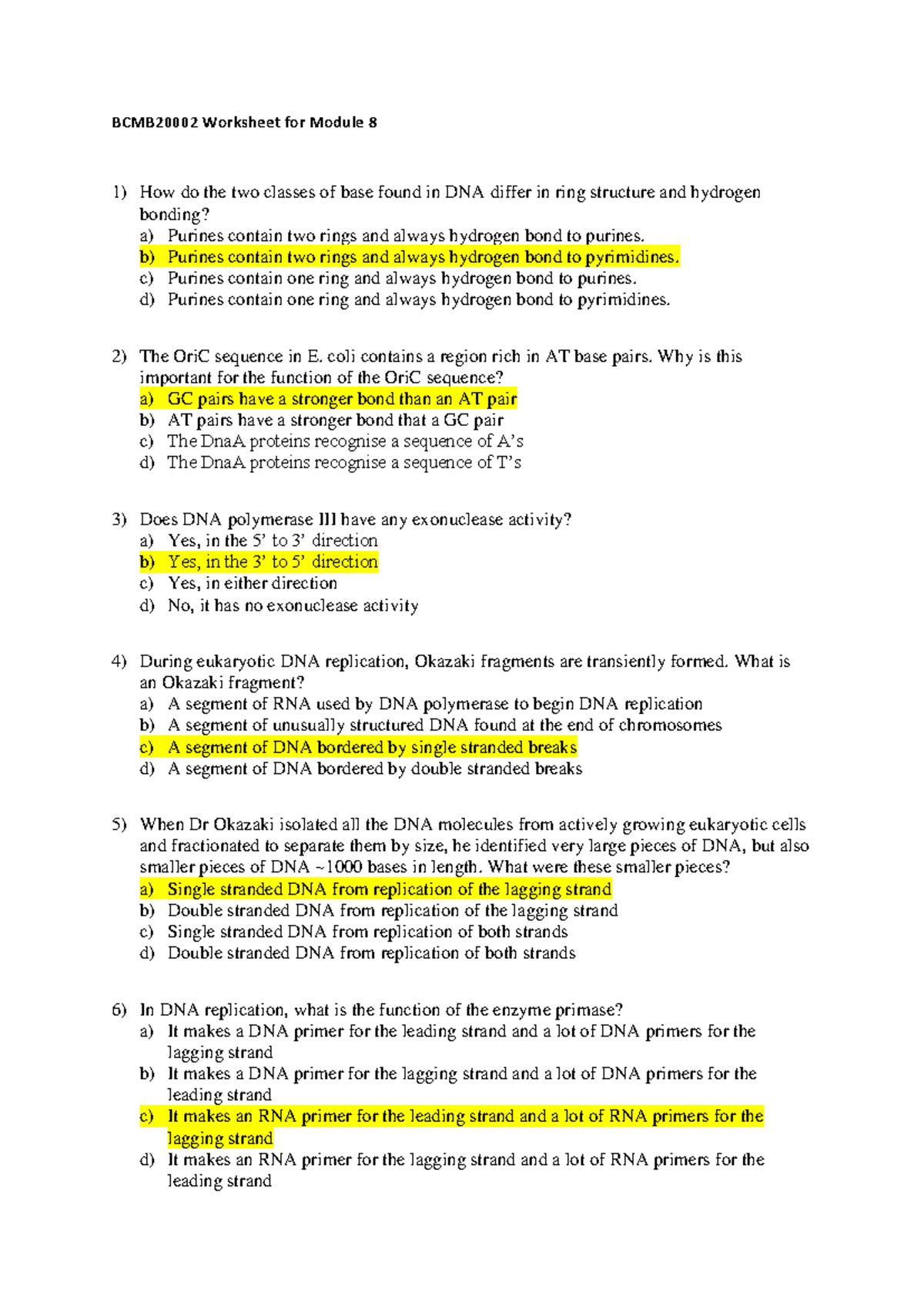 Worksheet module 8 with answers - BCMB20002 Worksheet for Module 8 How ...