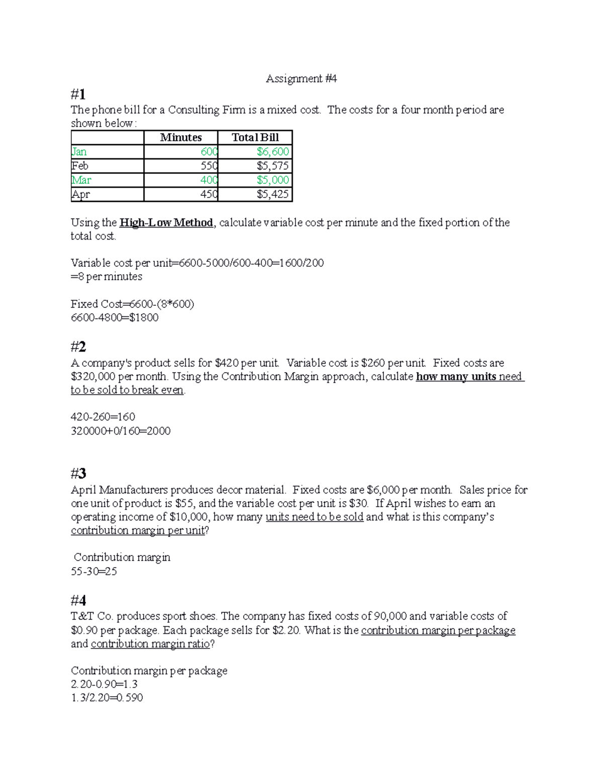 ACCT-212 Assignment 4 - High And Low Method - Assignment # The phone ...