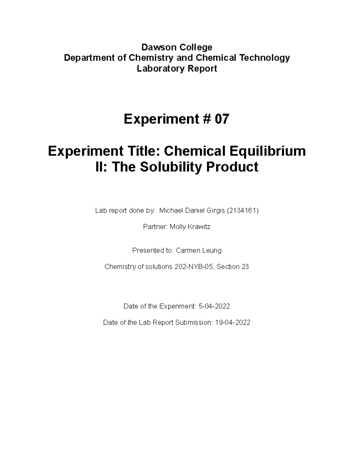 Equilibrium lab part 2 - Dawson College Department of Chemistry and ...