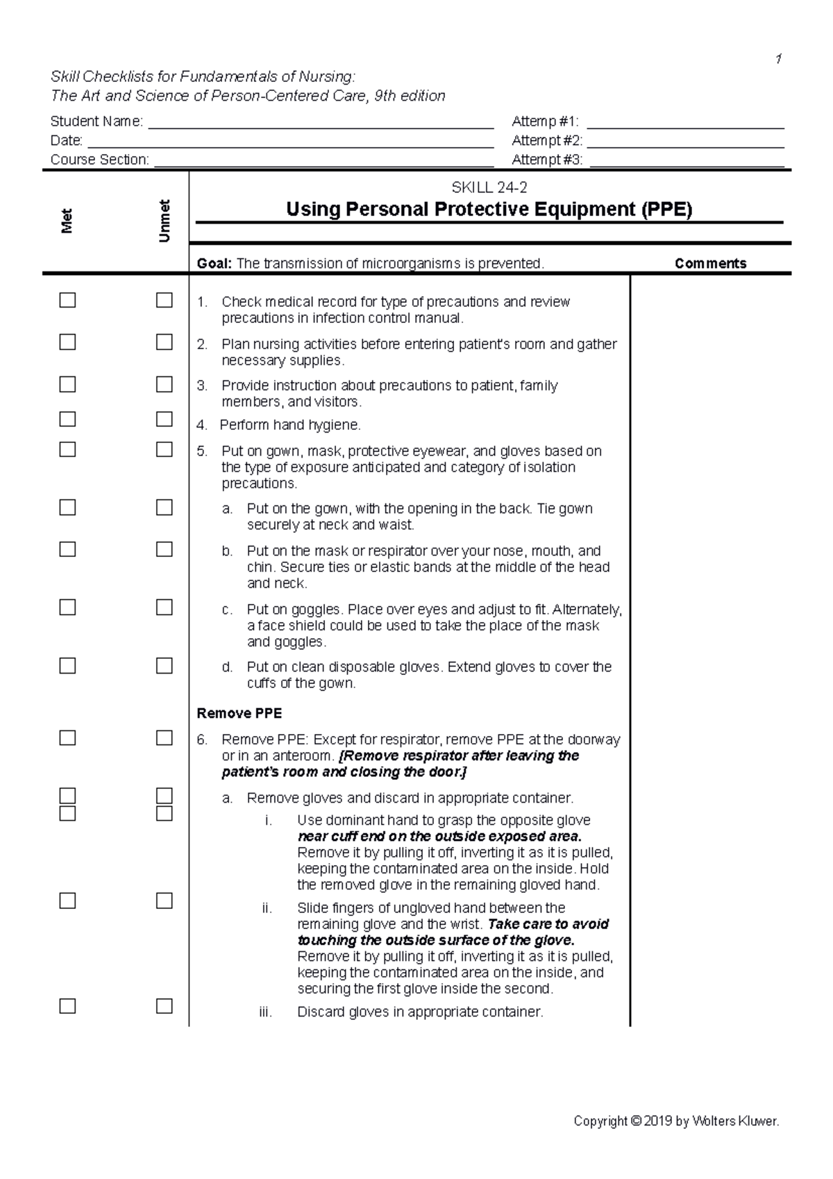 PPE+Skills+Checklist - 1 Skill Checklists for Fundamentals of Nursing ...