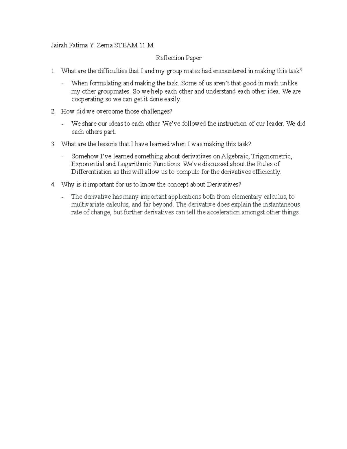 Bcal Reflection Paper - Mathematics - Jairah Fatima Y. Zerna STEAM 11 M ...