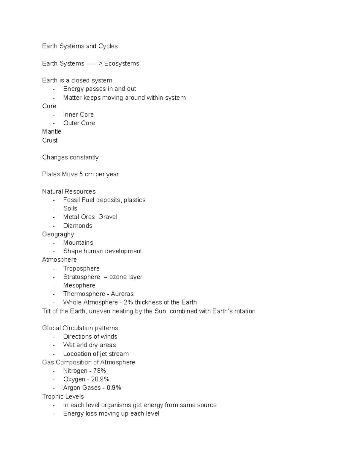 Humans Day 3 Notes - Earth Systems and Cycles Earth Systems ...