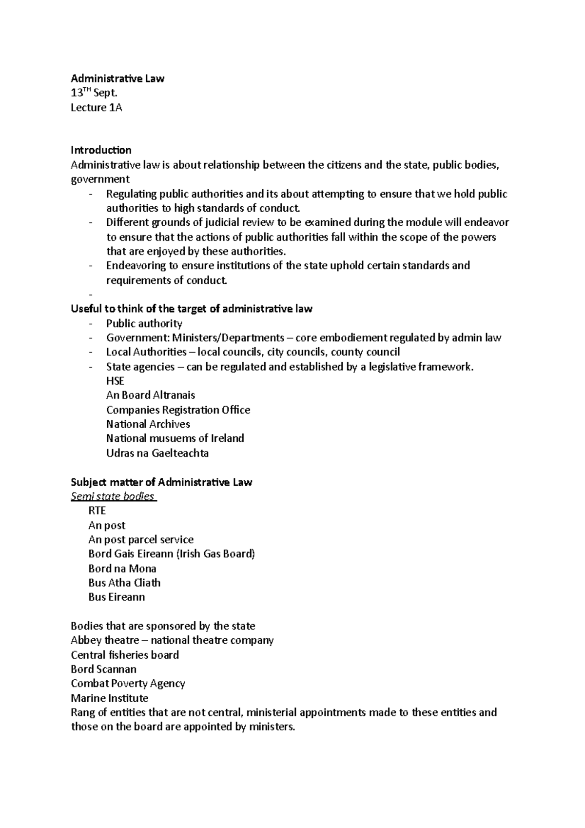 Administrative Law - Lecture notes 1-12 - Administrative Law 13 TH Sept ...