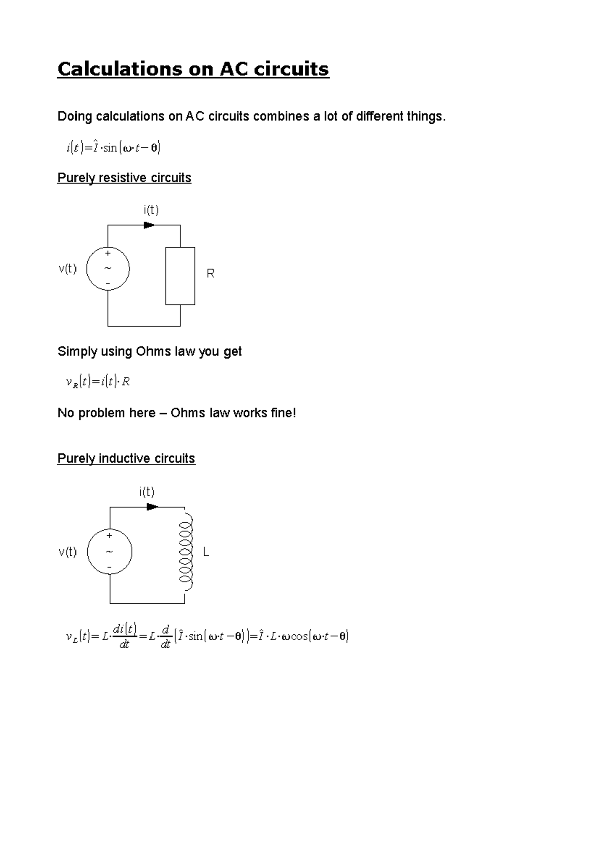 Calculations on AC circuits - i ( t )= ̂I⋅sin ( ω⋅t−θ ) Purely ...
