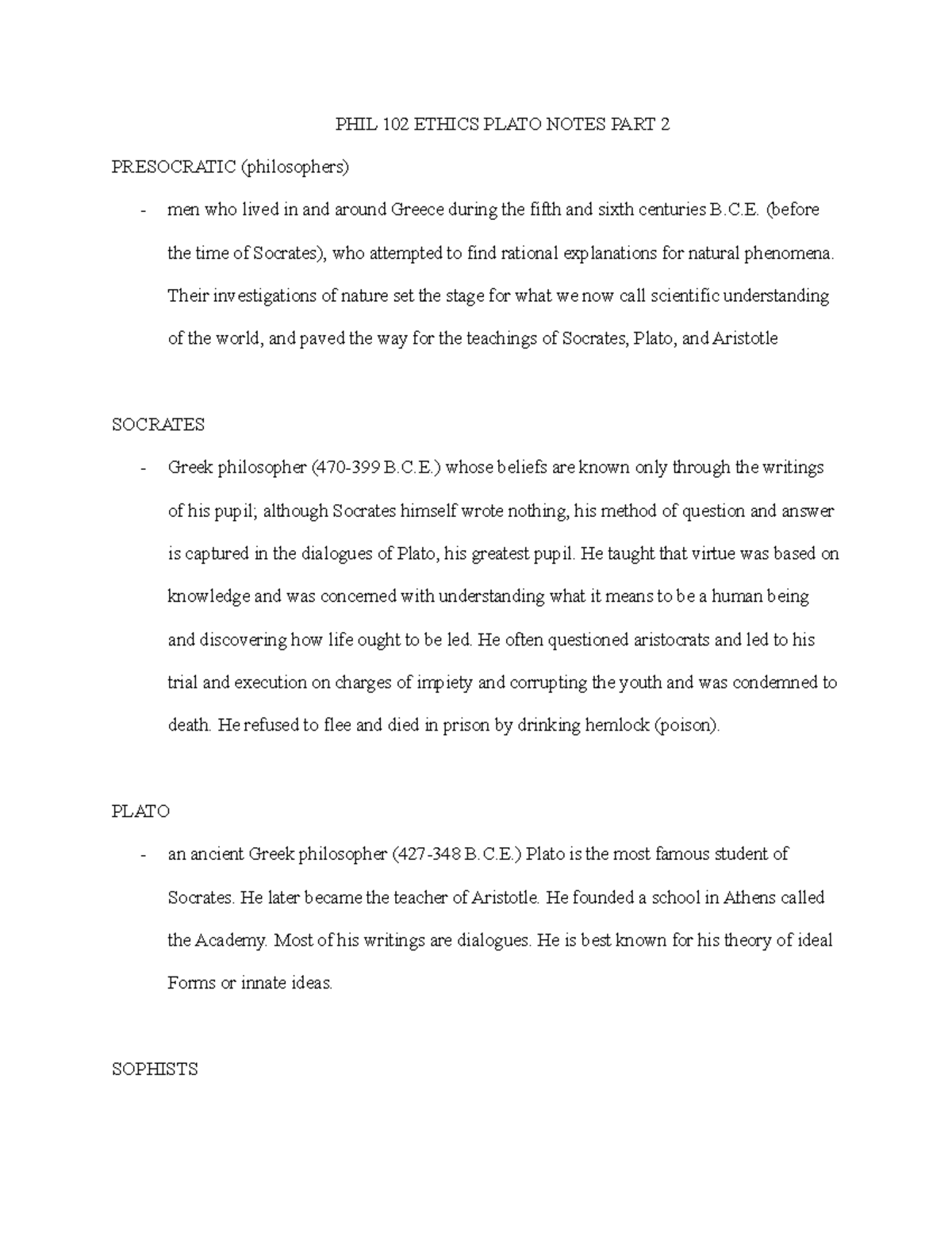 PHIL 102 Ethics Plato Notes PART 2 - PHIL 102 ETHICS PLATO NOTES PART 2 ...
