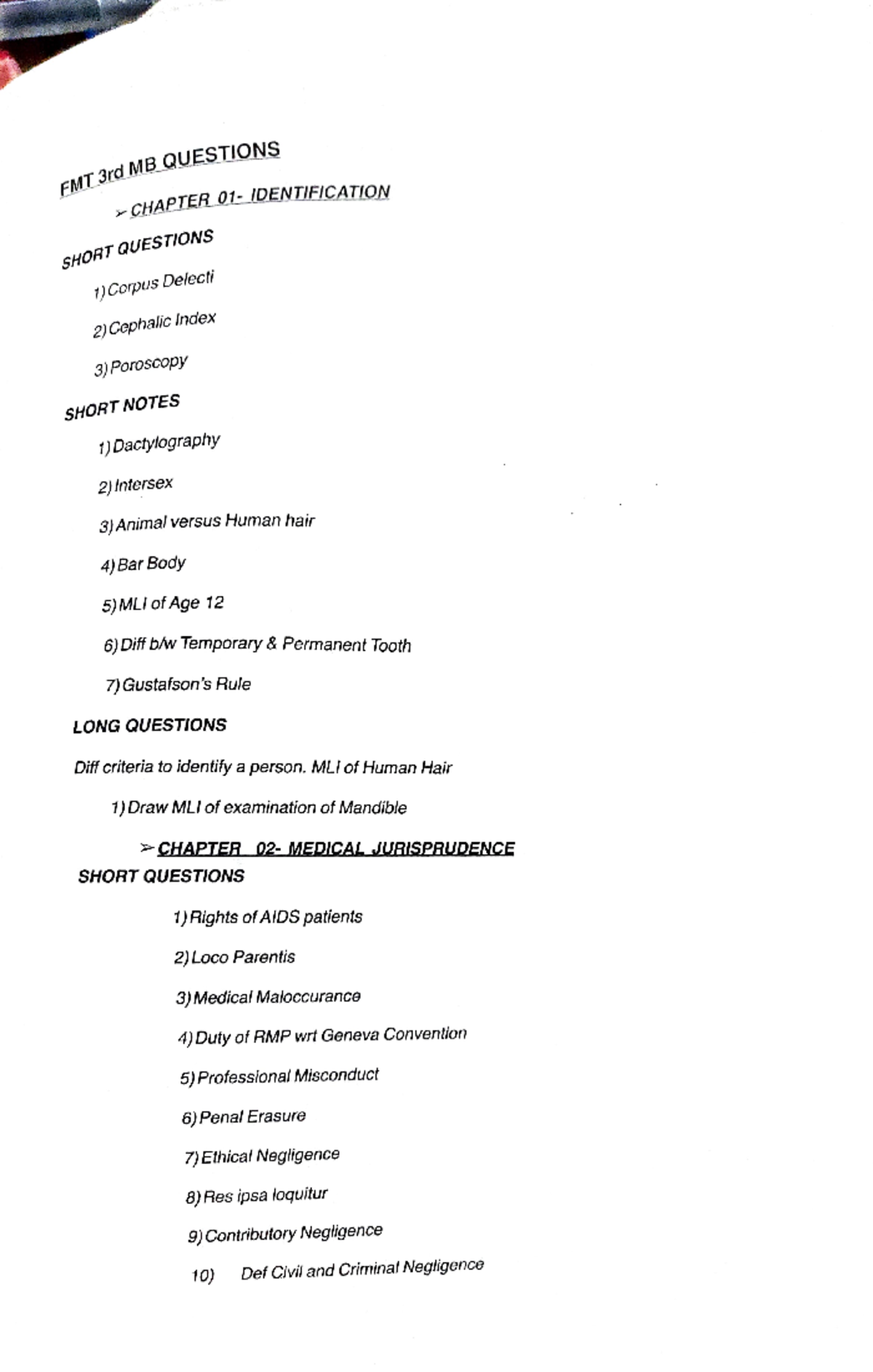 FMT important questions - EMT 3rd MB QUESTIONS CHAPTER 01- IDENTIFICATION SHORTQUESTIONS - Studocu