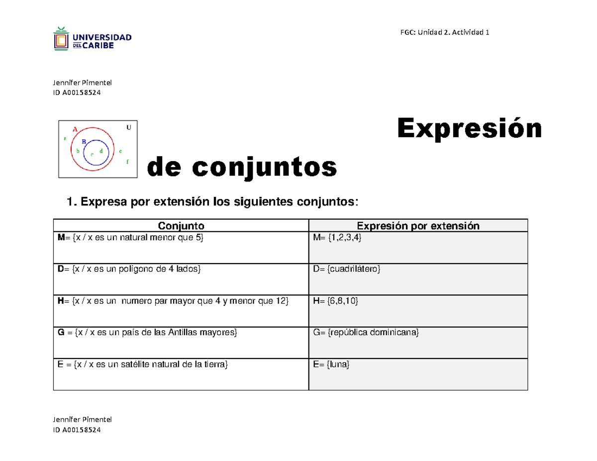 Jennifer Pimentel Unidad 2. Actividad 1. Expresiones de conjuntos - FGC: Unidad 2. Actividad 1 ...