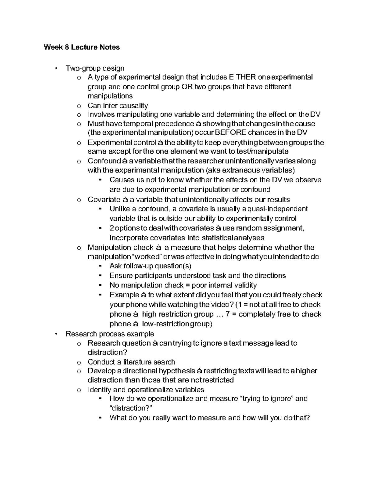 Week 8 Lecture Notes - Week 8 Lecture Notes Two-group design o A type ...