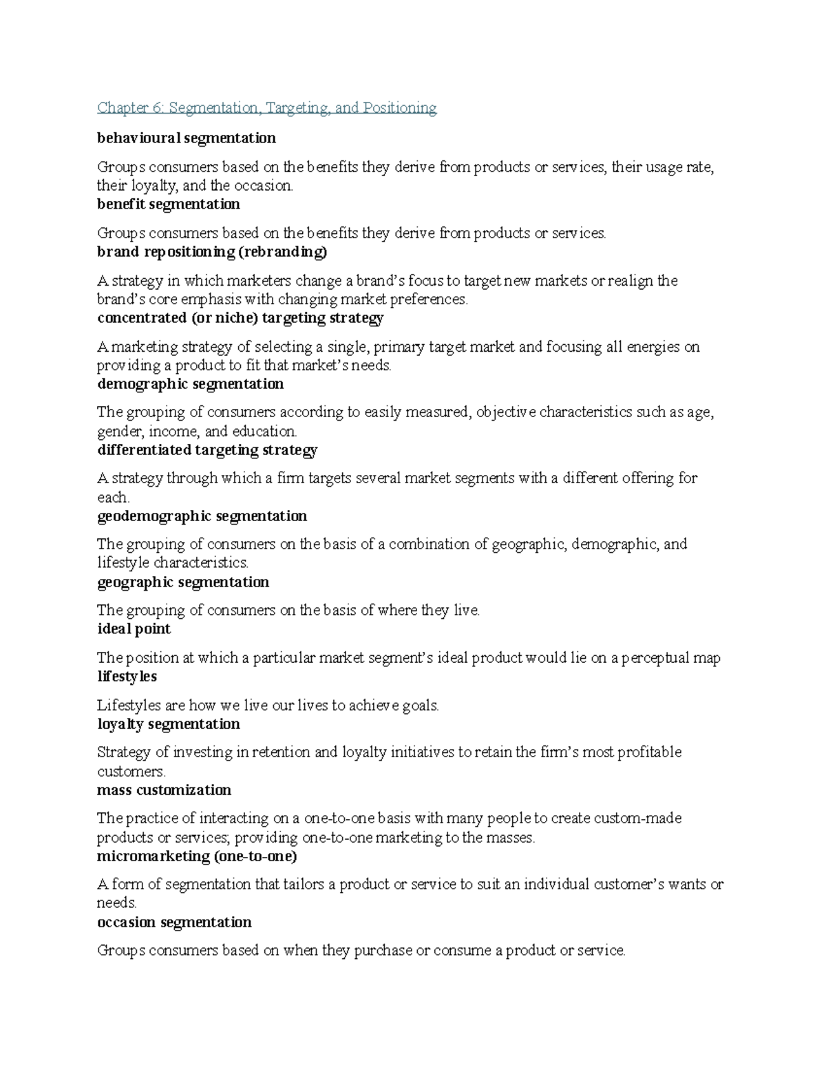 Marketing Definitions Chapter 6 - Chapter 6: Segmentation, Targeting, and Positioning ...