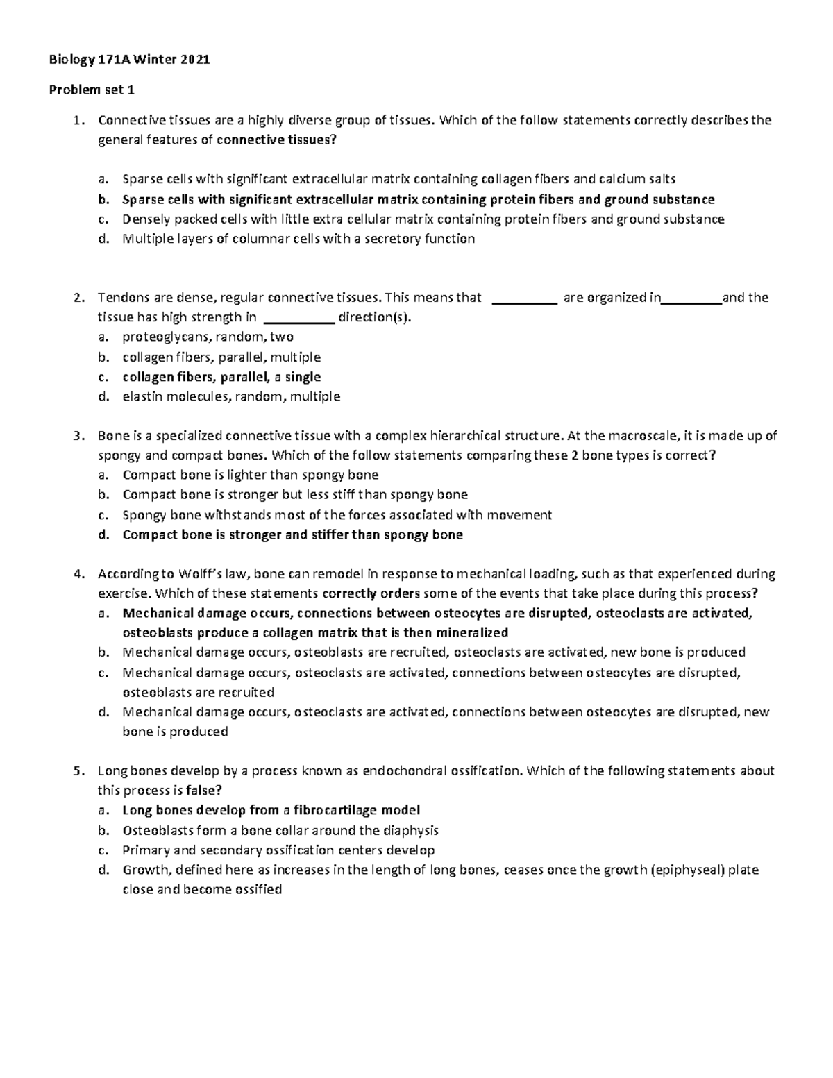 Problem set 1 key - Biology 171A Winter 2021 Problem set 1 Connective ...