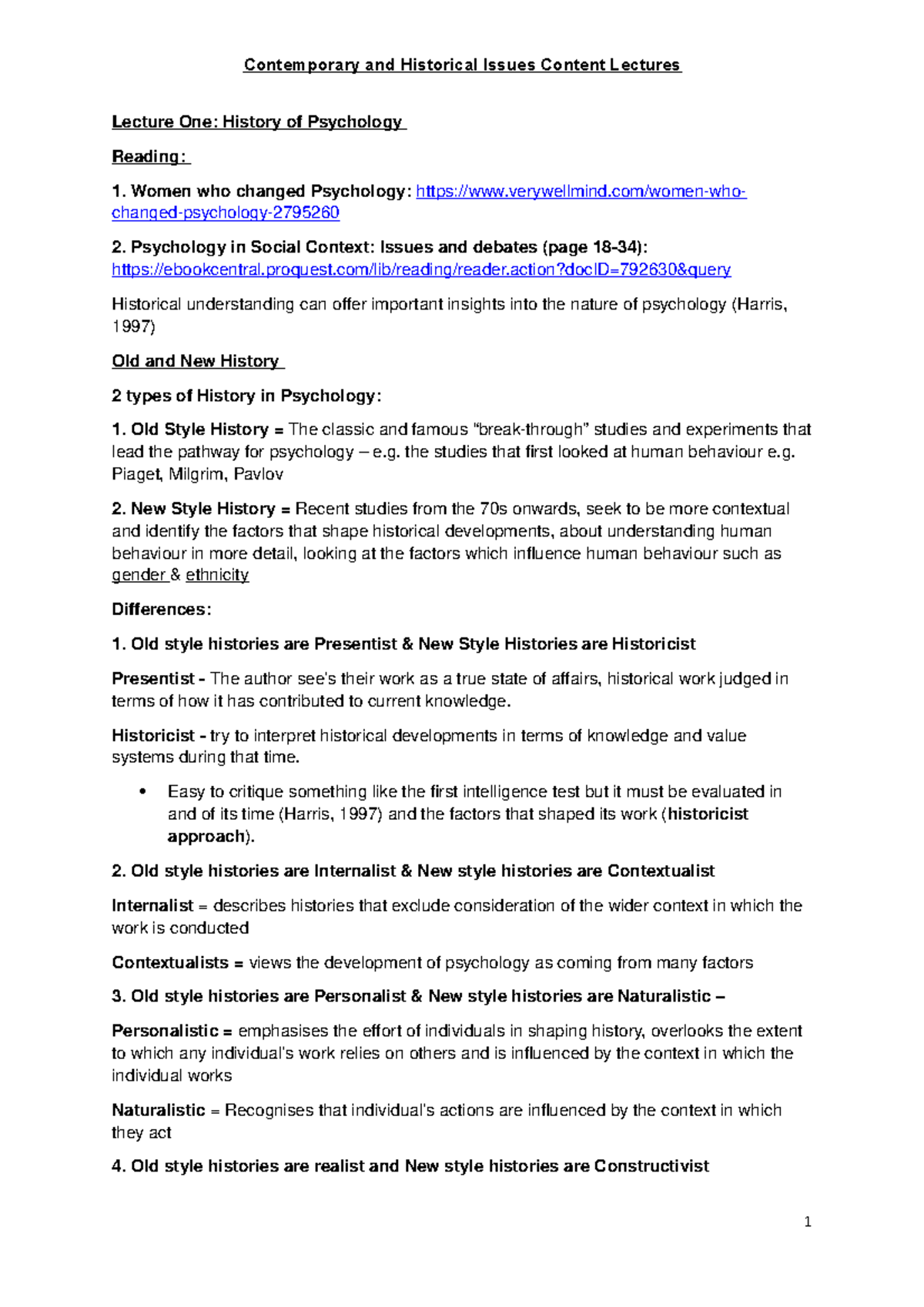 PY3/4Chi Lecture Notes - Lecture One: History of Psychology Reading: 1 ...