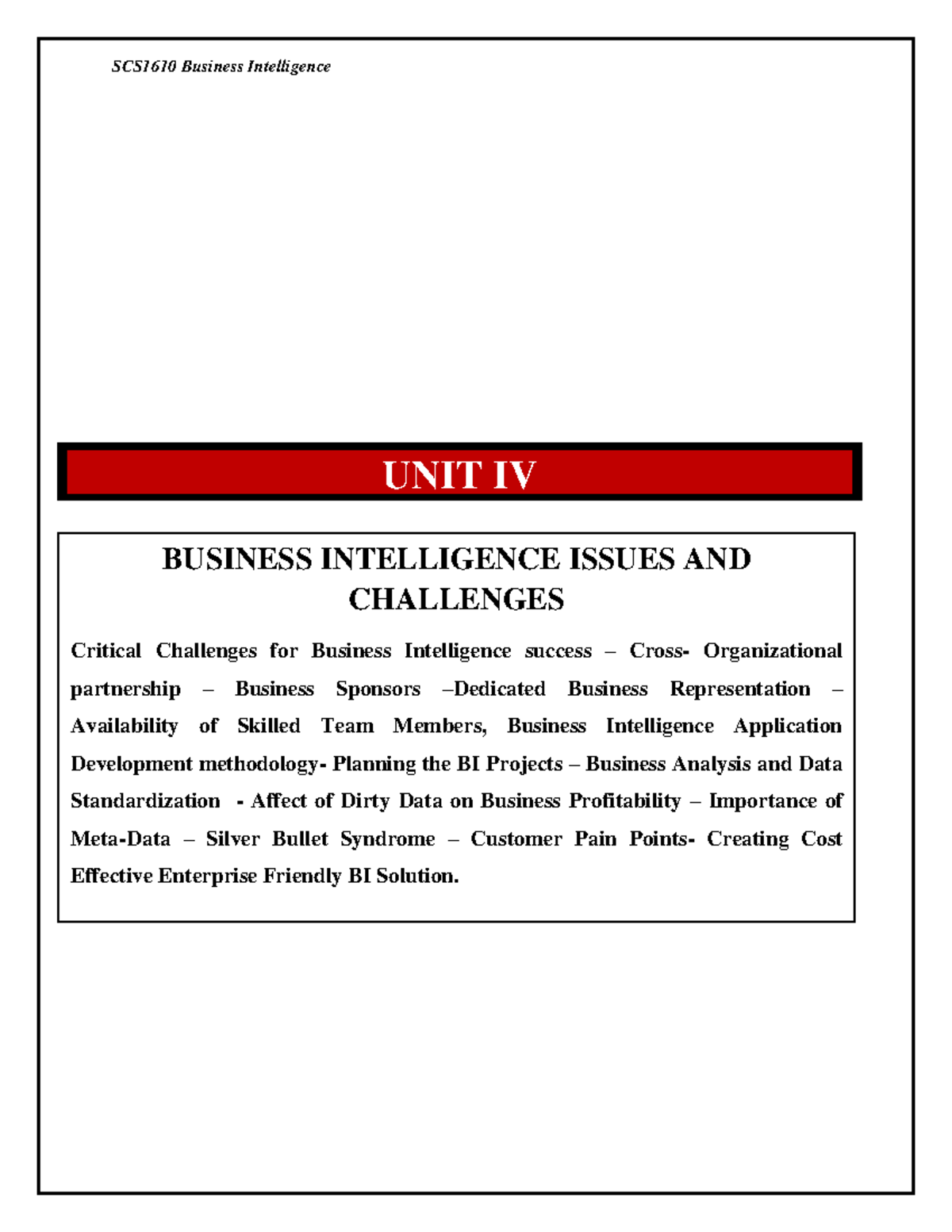 UNIT IV SCSA1610 Business Intelligence Notes - BUSINESS INTELLIGENCE ...