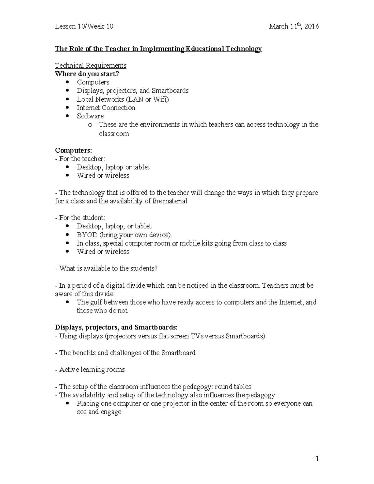 Lesson 10 - class notes - Lesson 10/Week 10 March 11th, 2016 The Role ...