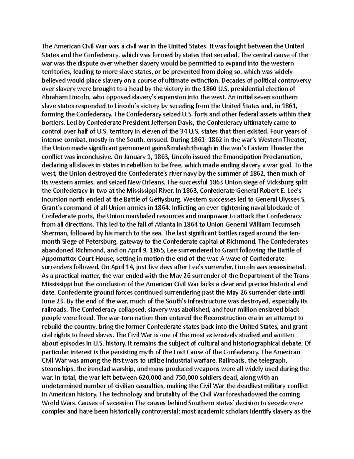 Doc - The American Civil War was a civil war in the United States. It ...