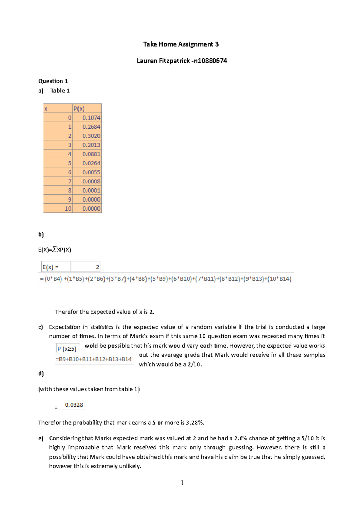 THA 3 - Completed - Take Home Assignment 3 Lauren Fitzpatrick -n Question 1 a) Table 1 b) - Studocu