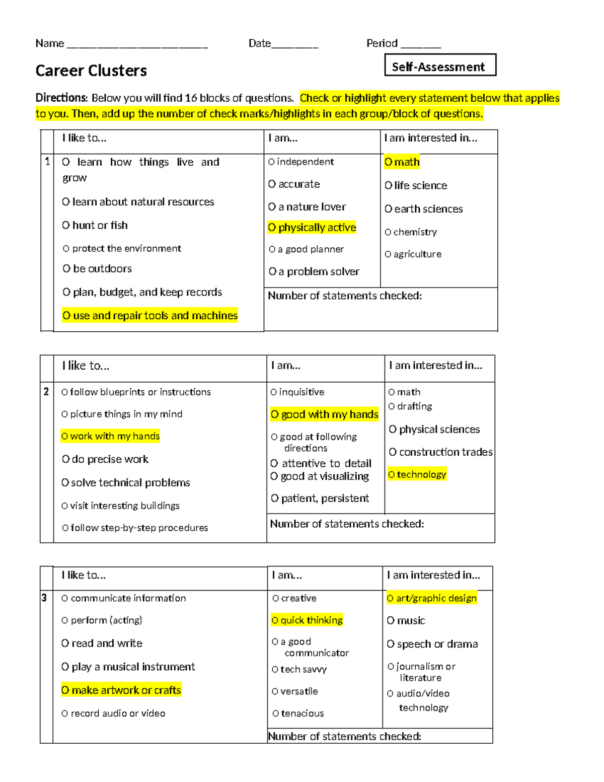 Career Cluster Self Assessment 2022-1 - Name ...