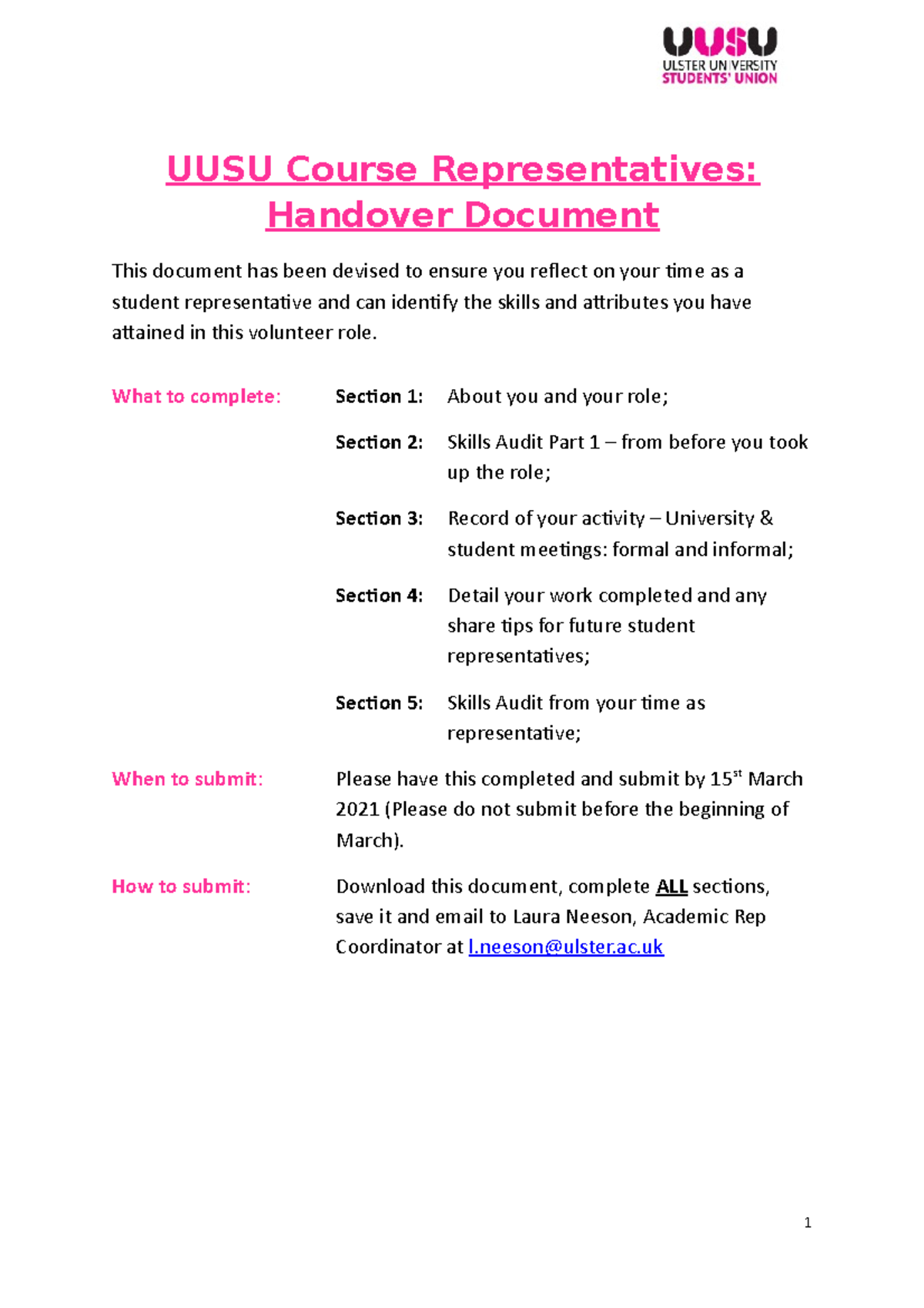 Course Rep Handover Document 2021 Chloe Jayne Mc Conville - UUSU Course ...