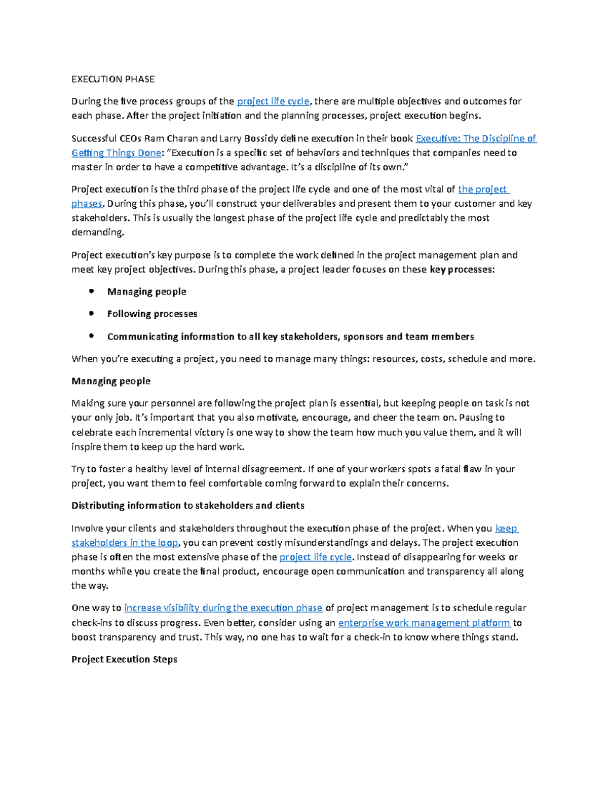 Report- Outline - EXECUTION PHASE During the five process groups of the ...