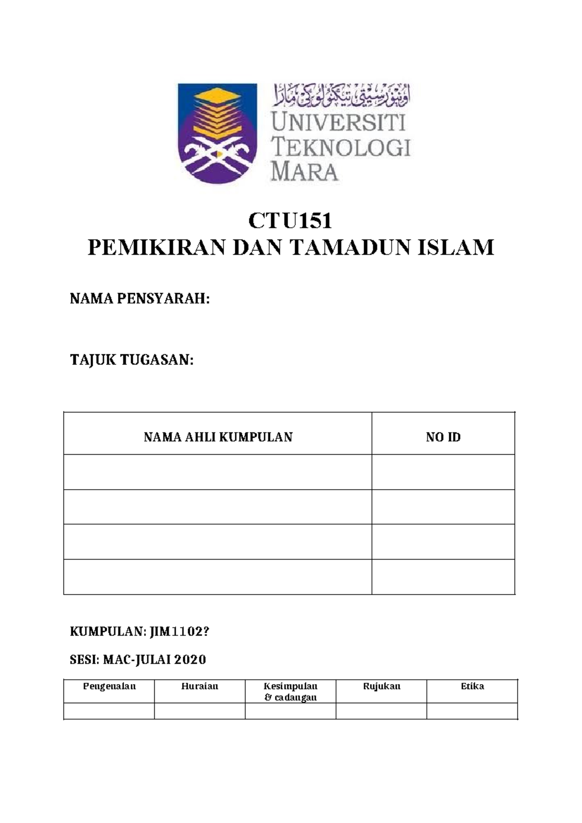 Cover Assignmnt CTU151 - Pre Diploma In Commerce - CTU PEMIKIRAN DAN ...