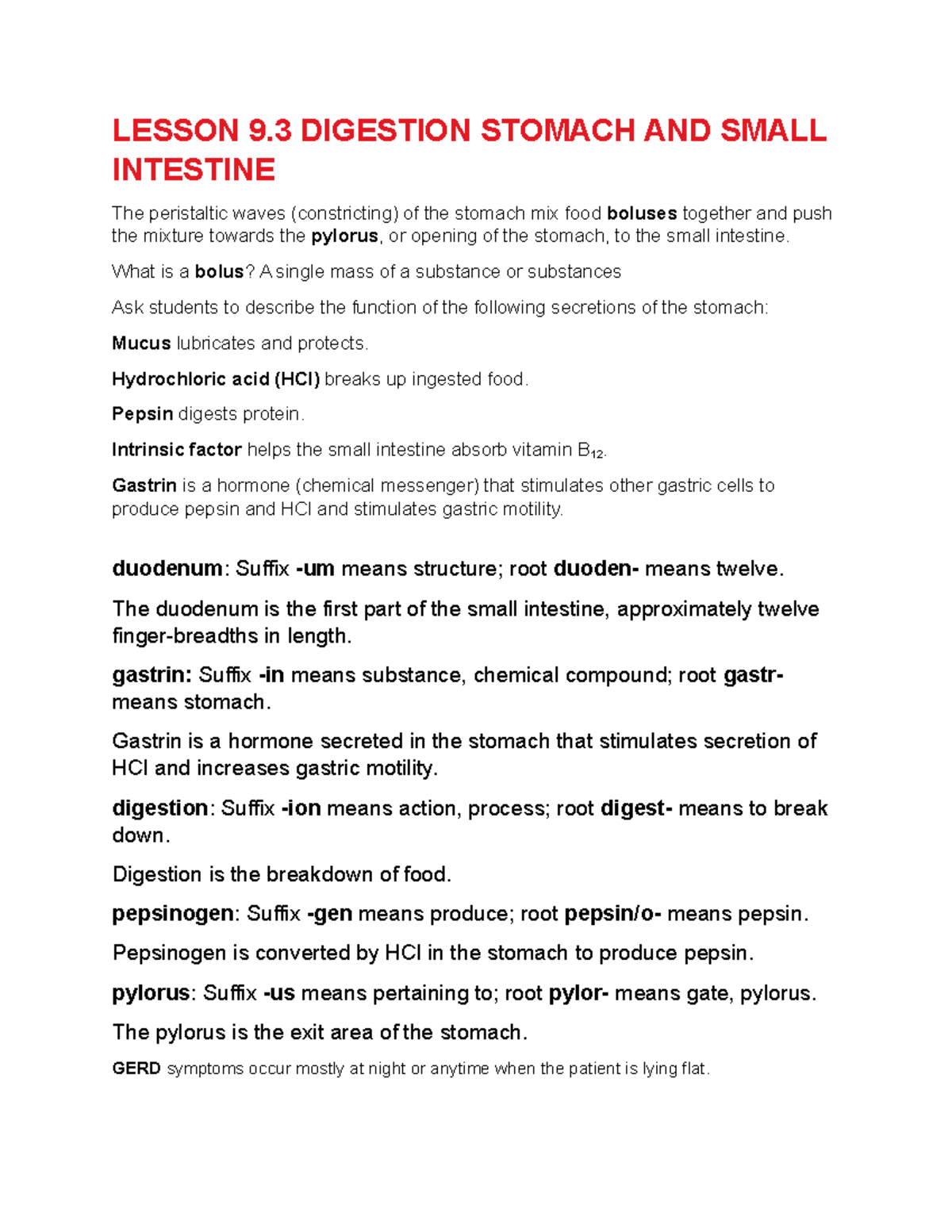 Lesson 9.3 Digestion Stomach AND Small Intestine - LESSON 9 DIGESTION ...