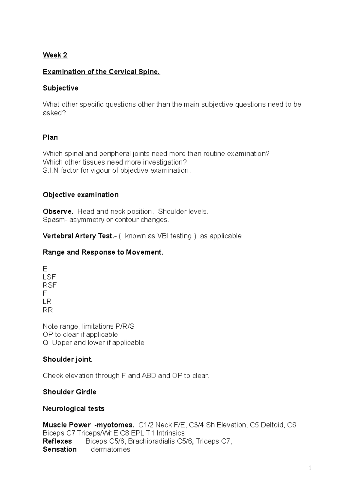 NMM A-8 Cervical Workbook - Week 2 Examination of the Cervical Spine ...