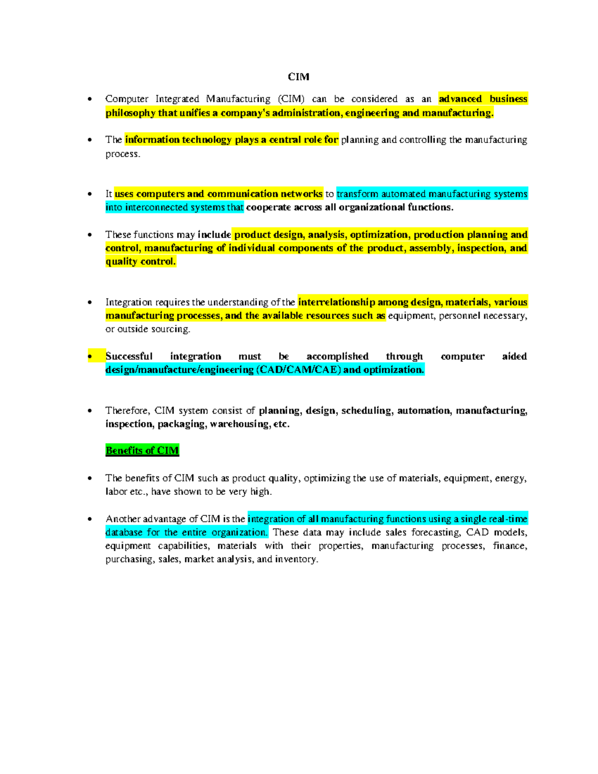 CIM short - Notes - CIM Computer Integrated Manufacturing (CIM) can be ...