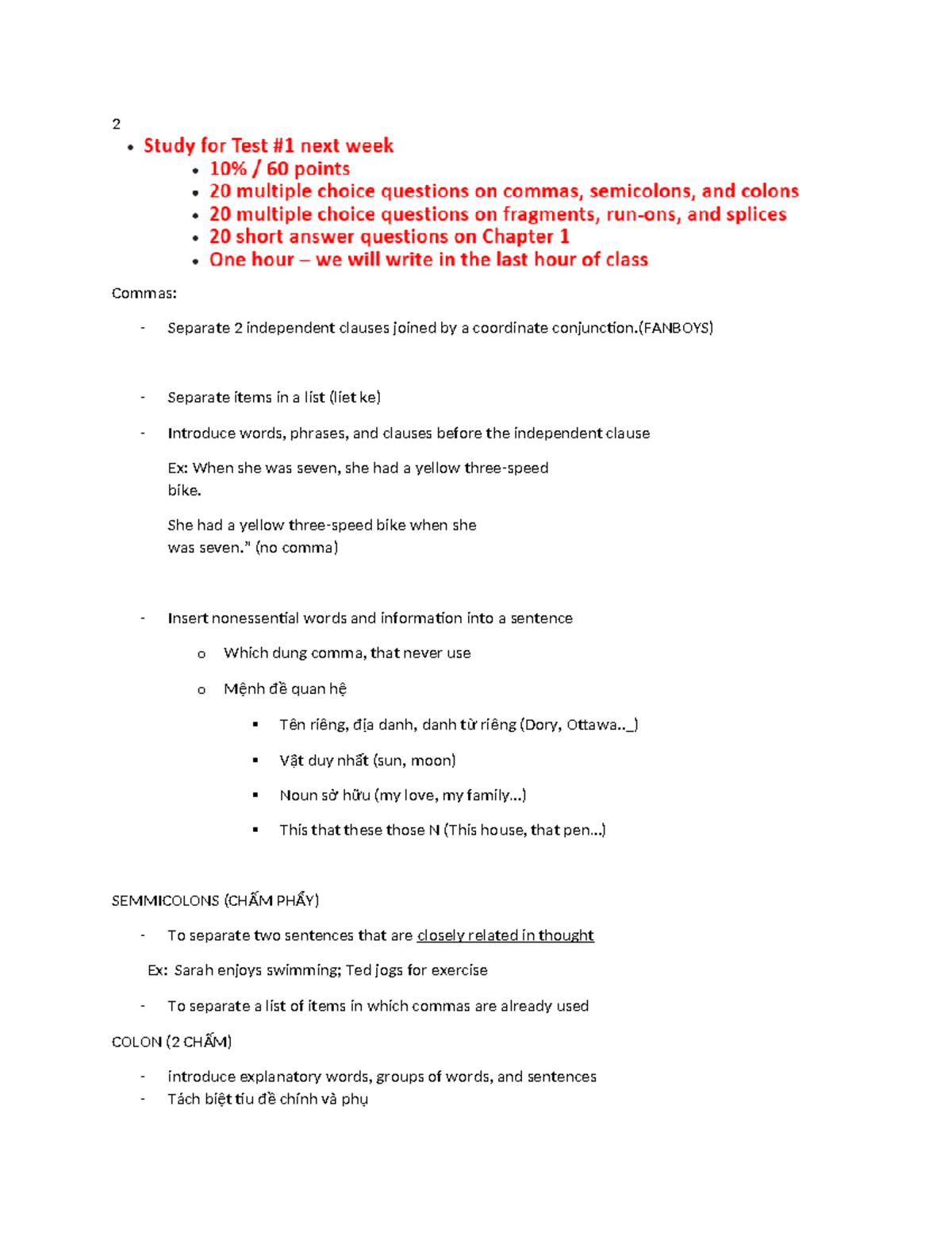 Test 1 review - command - 2 Commas: - Separate 2 independent clauses ...