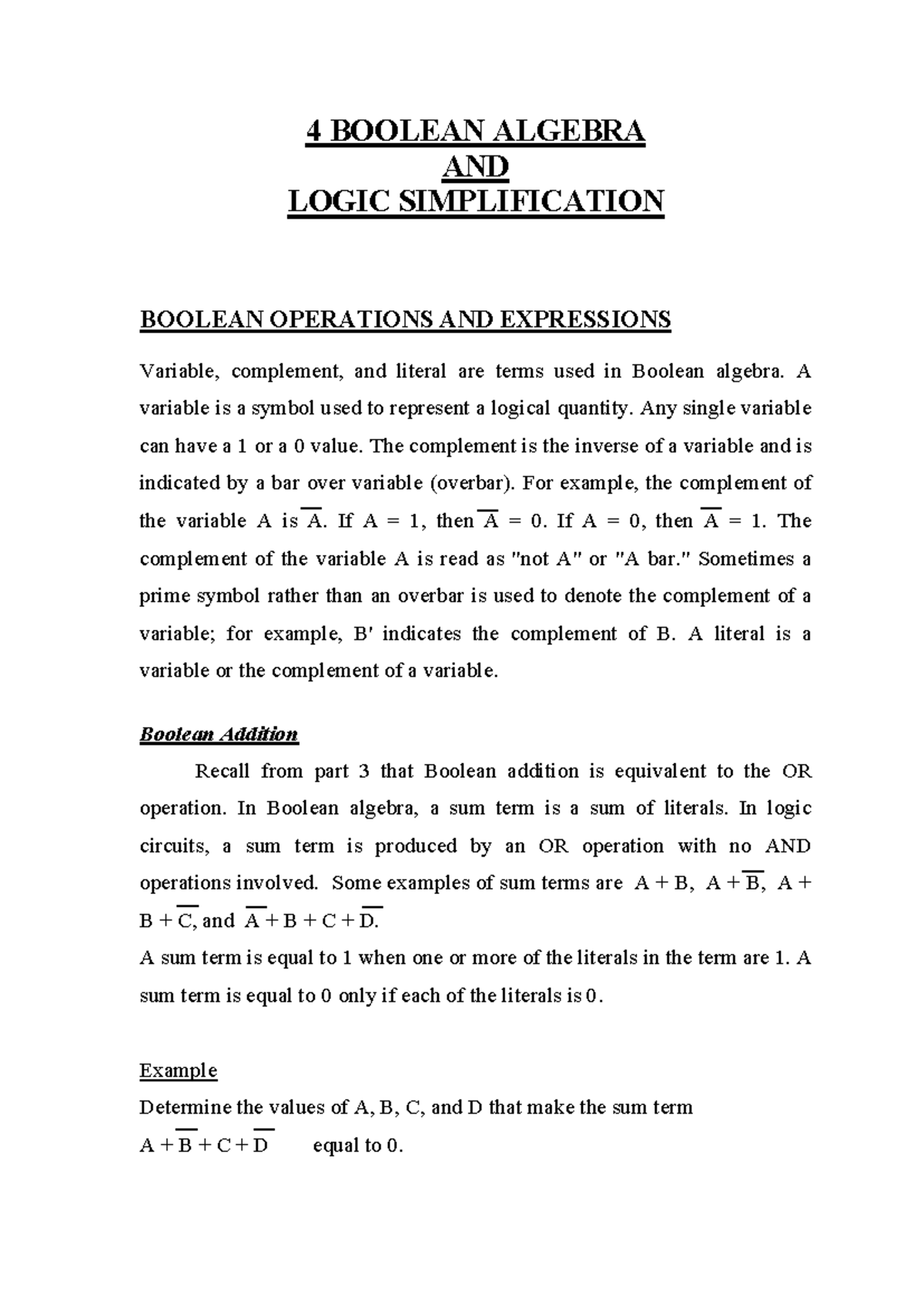 Boolean Expression - Summary Computer System Architecture - 4 BOOLEAN ...