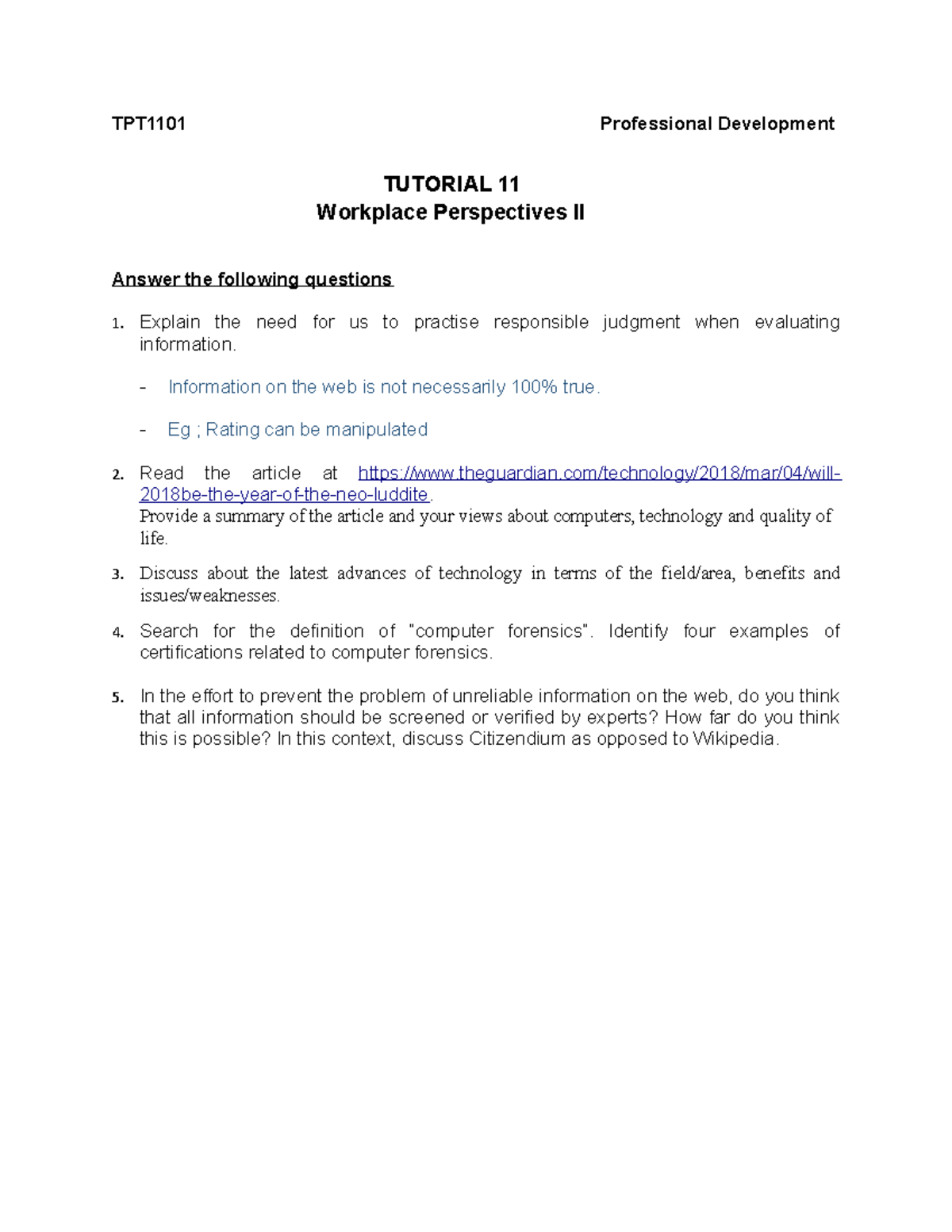 Tutorial 11 Answer - TPT1101 Professional Development TUTORIAL 11 ...