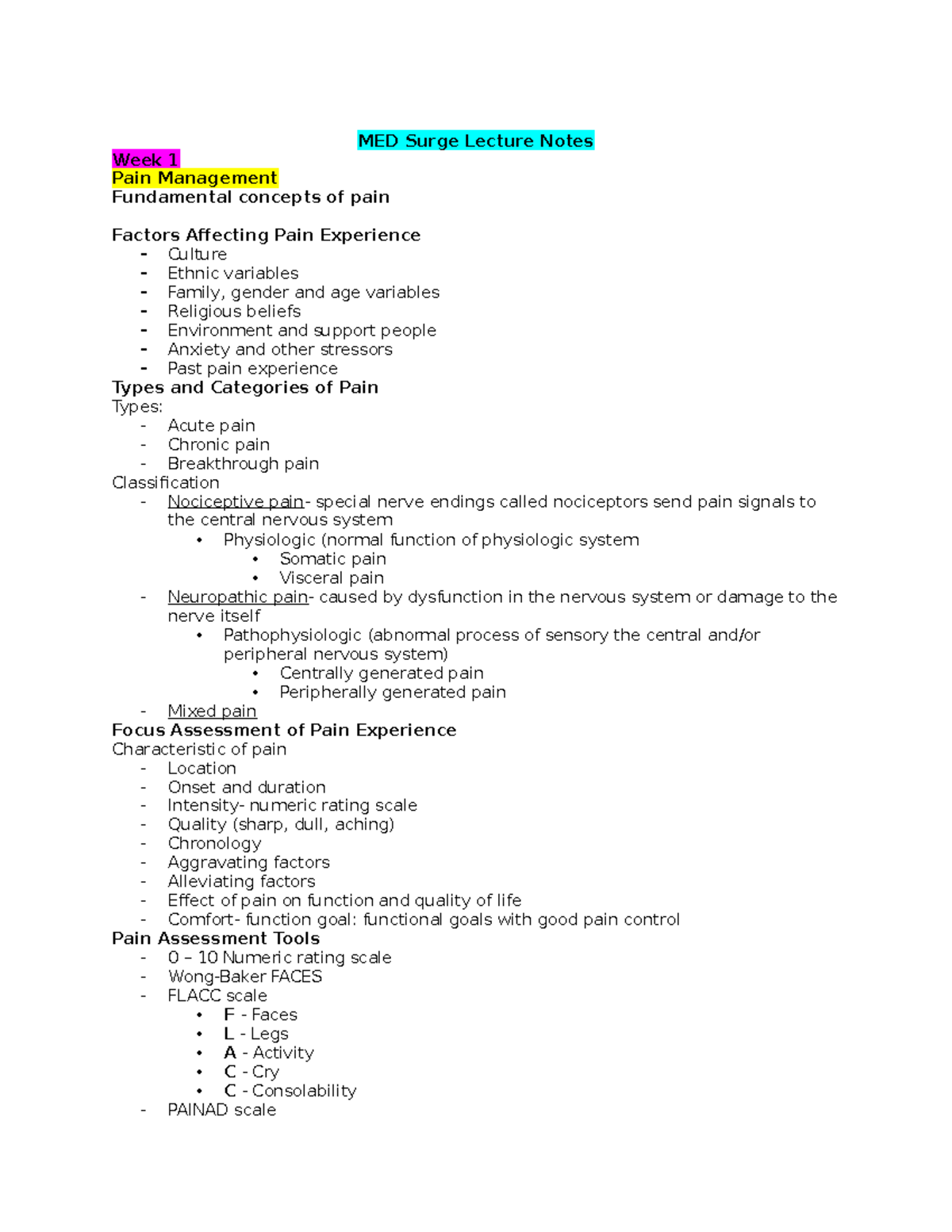 MED Surge exam 1 Notes - MED Surge Lecture Notes Week 1 Pain Management ...