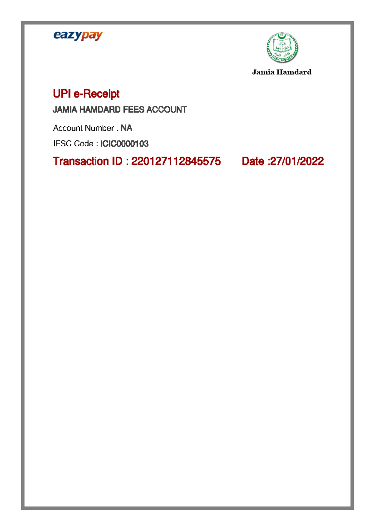 Fee Recipt - i nee this - UPI e-Receipt JAMIA HAMDARD FEES ACCOUNT ...
