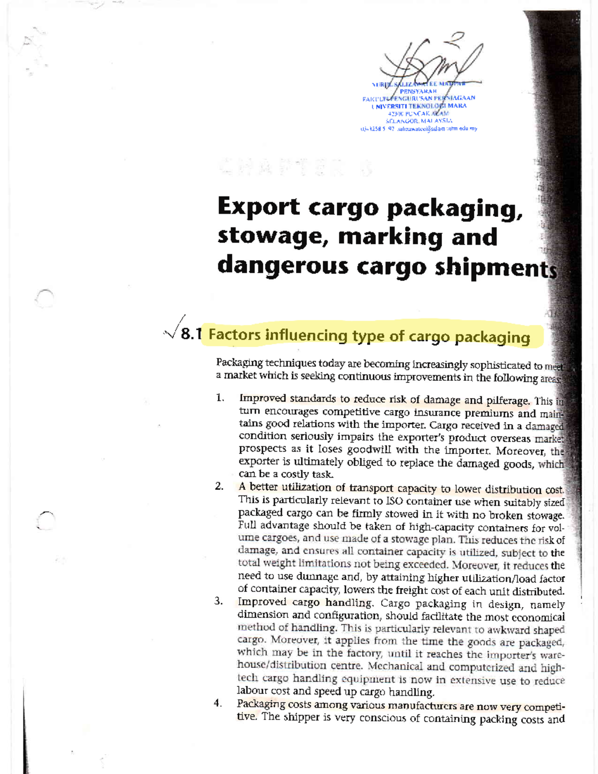 Chapter 6 Cargo Packaging, Stowage, Marking AND Dangerous Cargo ...