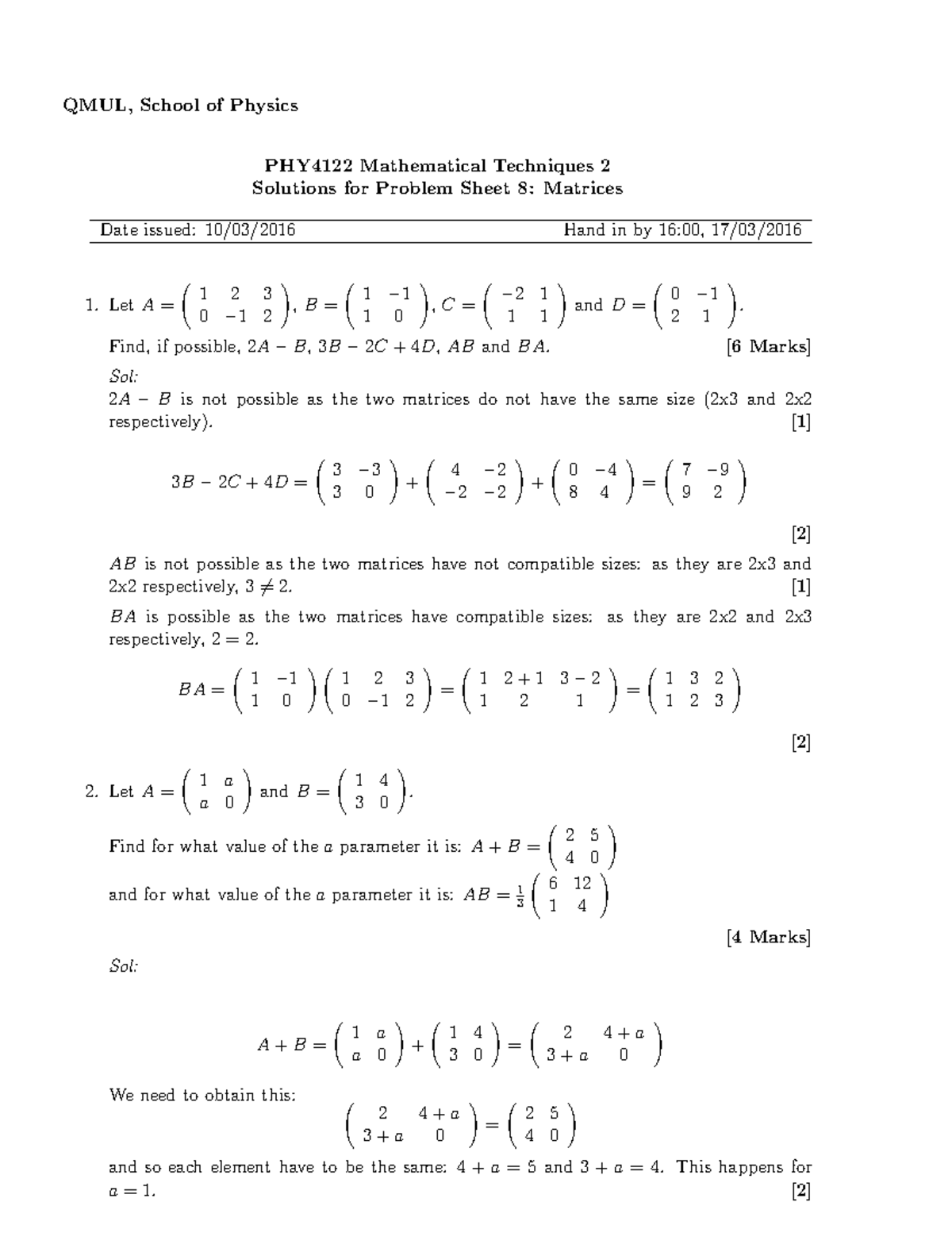 Problem Sheet 08 Solutions - QMUL, School of Physics PHY4122 ...