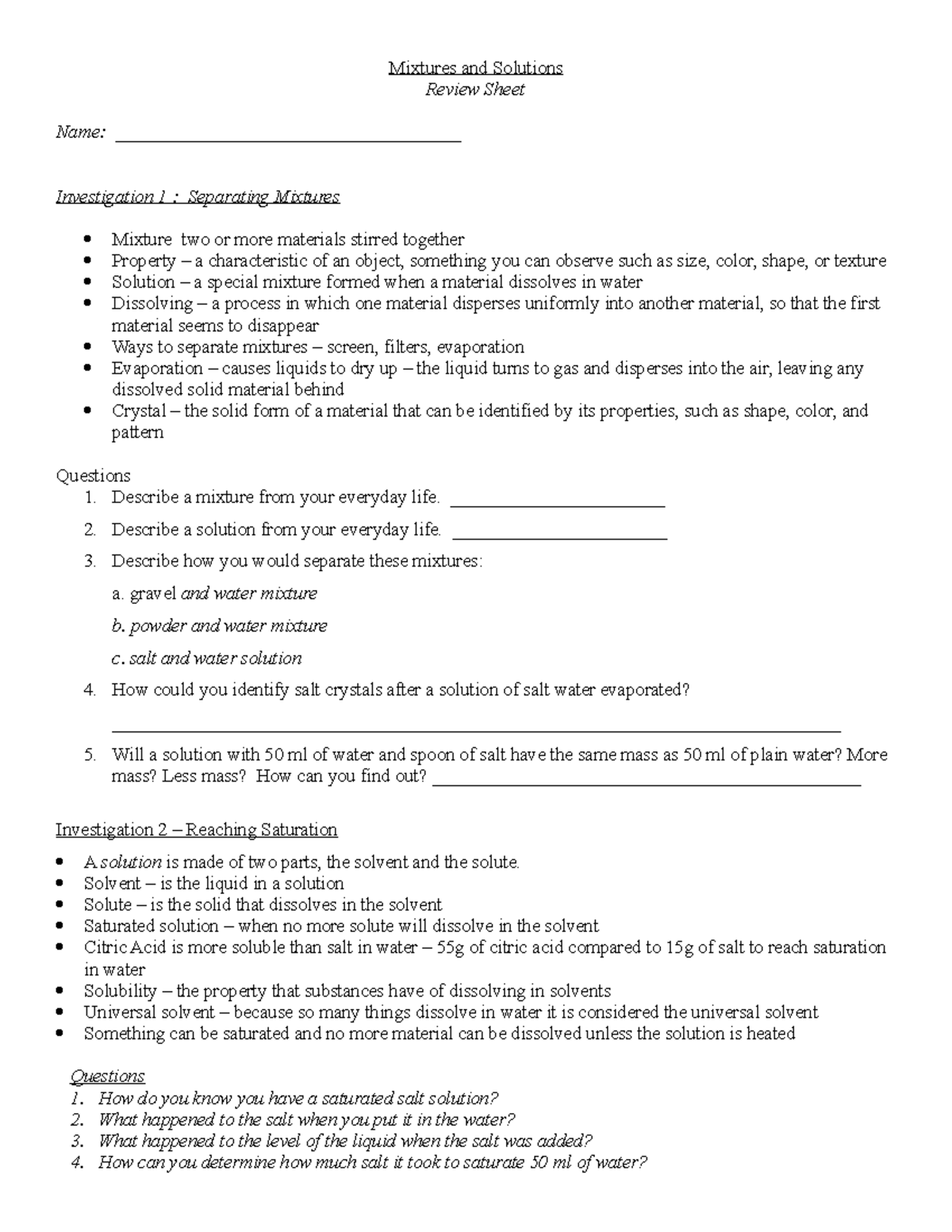 Mixtures and Solutions Review Sheet - Mixtures and Solutions Review ...