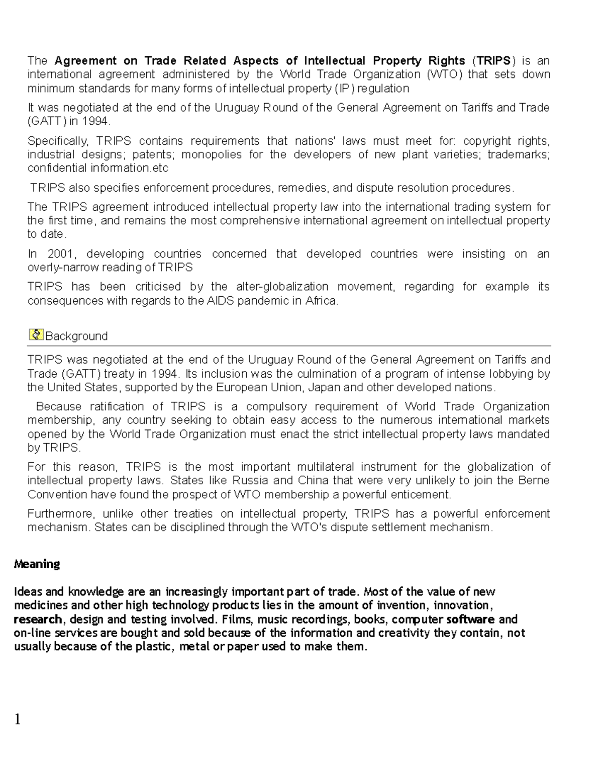 Trips - The Agreement on Trade Related Aspects of Intellectual Property ...