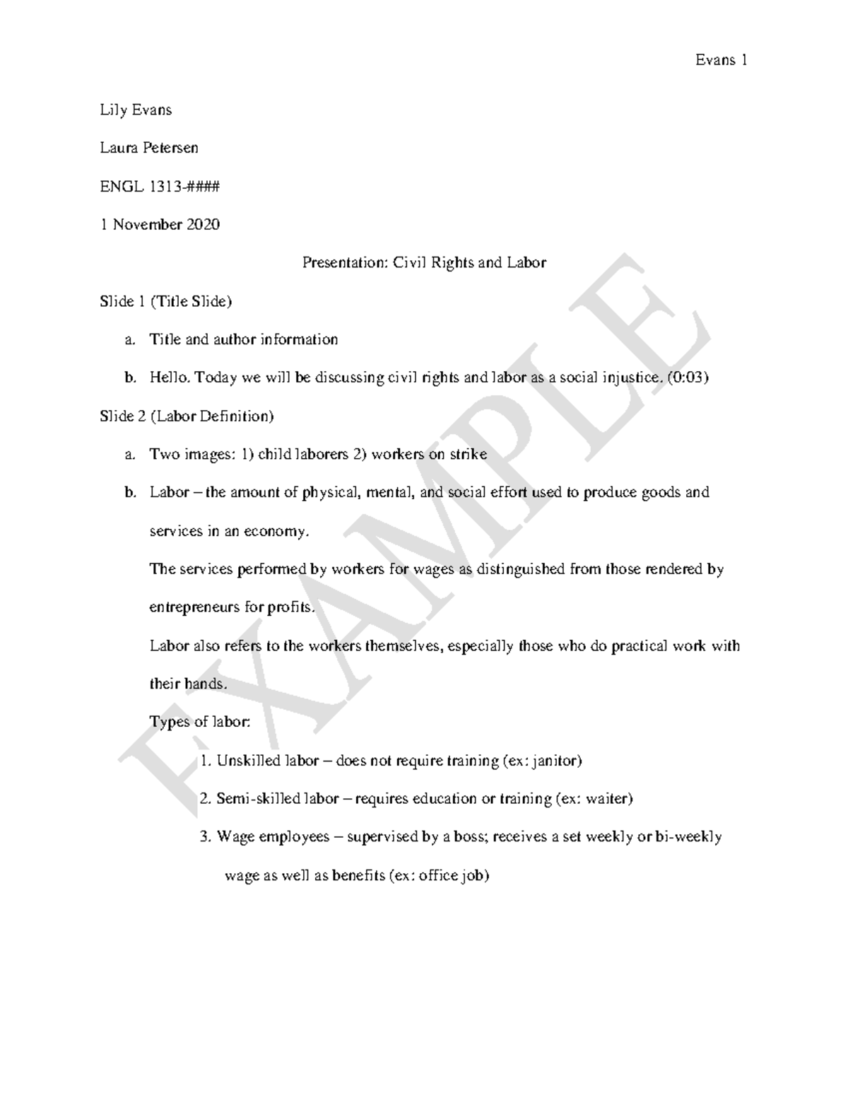 Speaking Notes Example - Lily Evans Laura Petersen ENGL 1313-#### 1 ...